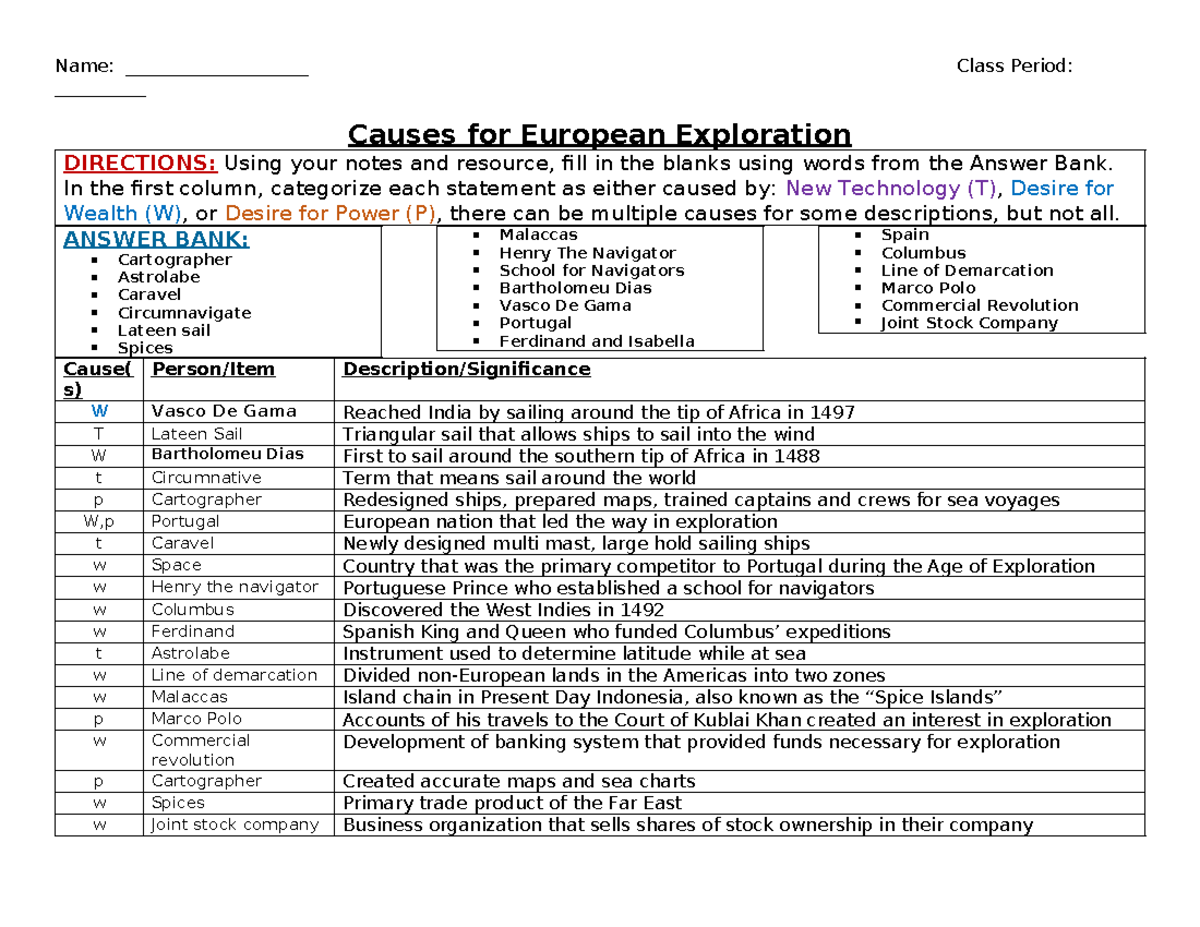 causes of exploration activity 1 - Name: ____________________ Class ...