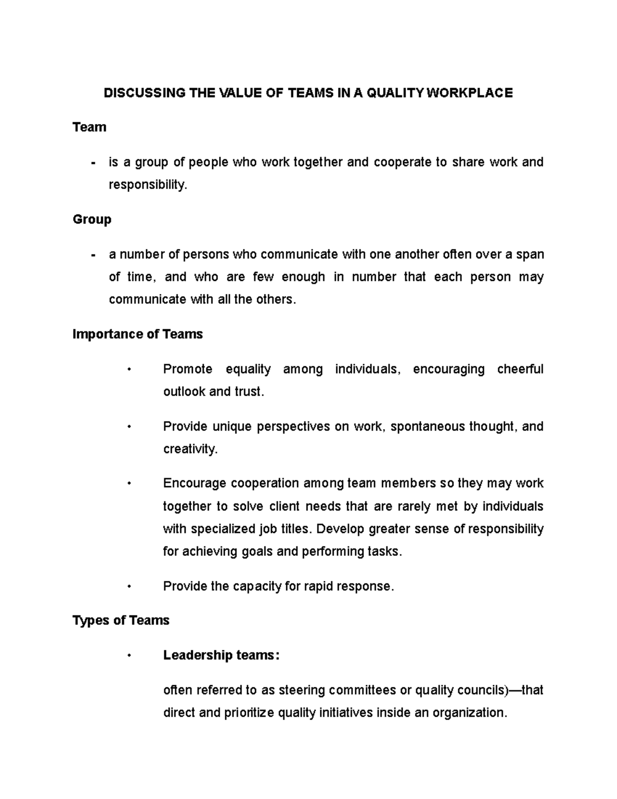 Discussing THE Value OF Teams IN A Quality Workplace - DISCUSSING THE ...