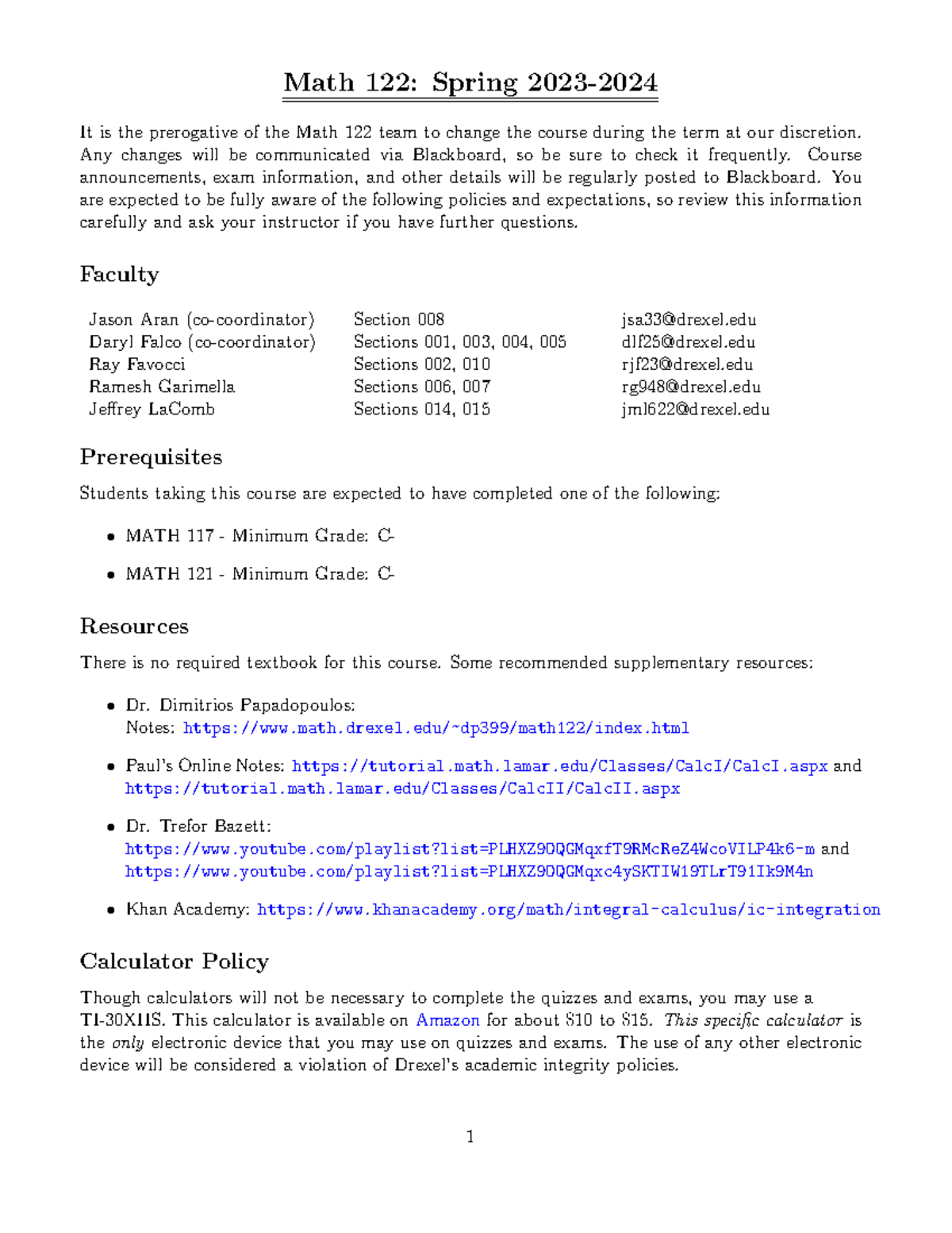 Math122 Syllabus Spring 2024 - Math 122: Spring 2023- It is the ...