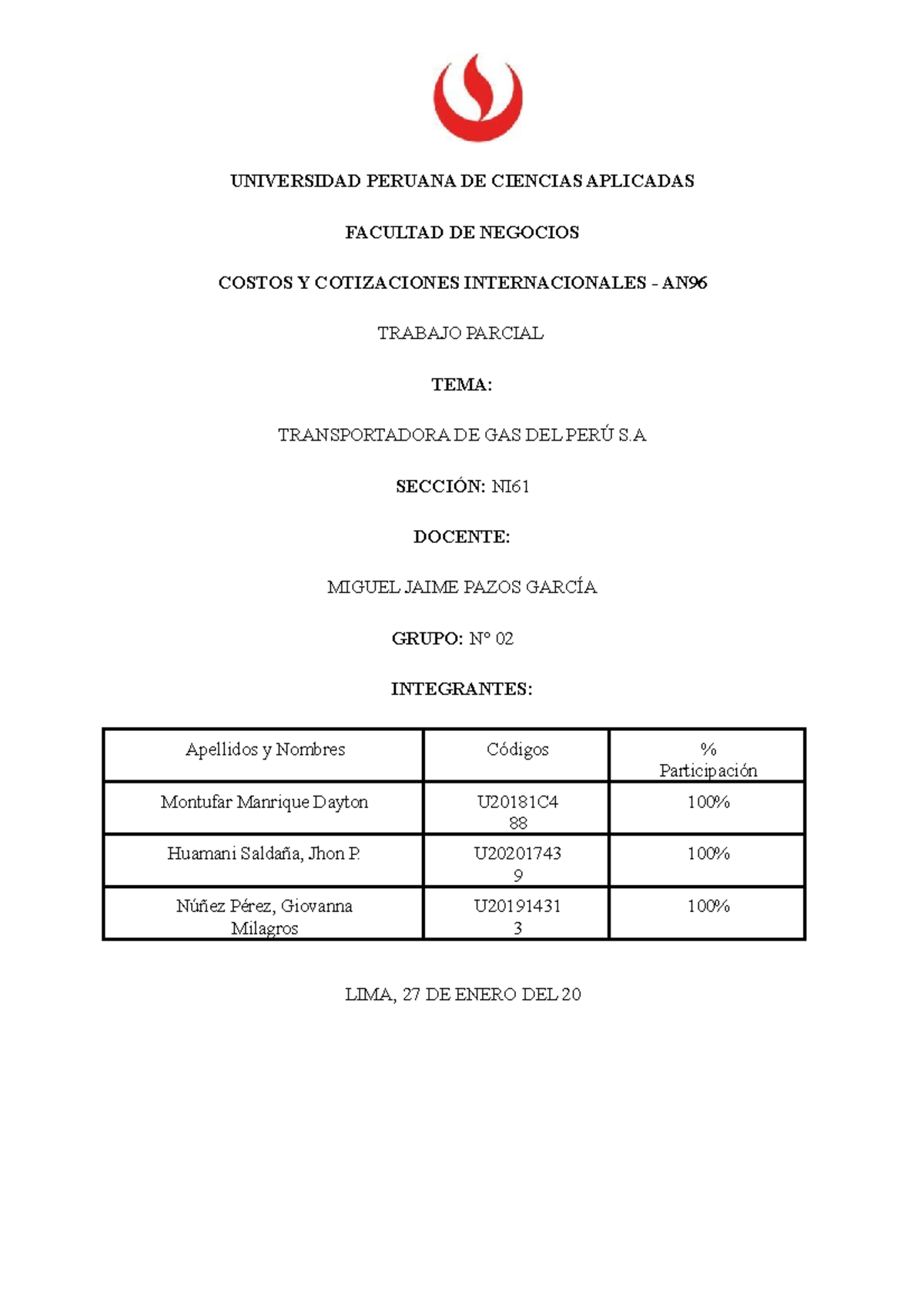 TP Costos 2023 -01 - UNIVERSIDAD PERUANA DE CIENCIAS APLICADAS FACULTAD DE NEGOCIOS COSTOS Y ...