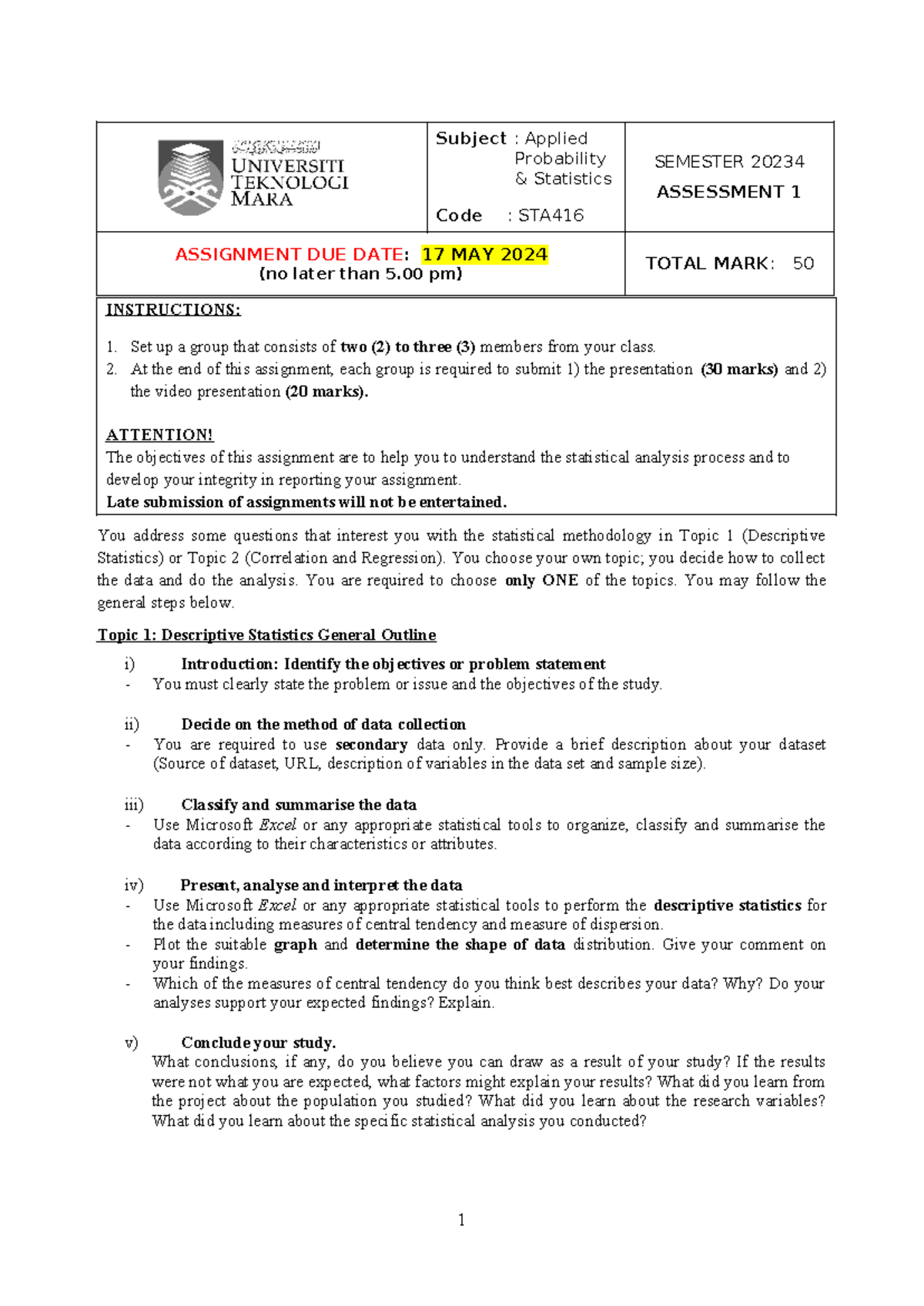 STA416 Group Project Intructions - Subject : Applied Probability & Statistics Code : STA - Studocu