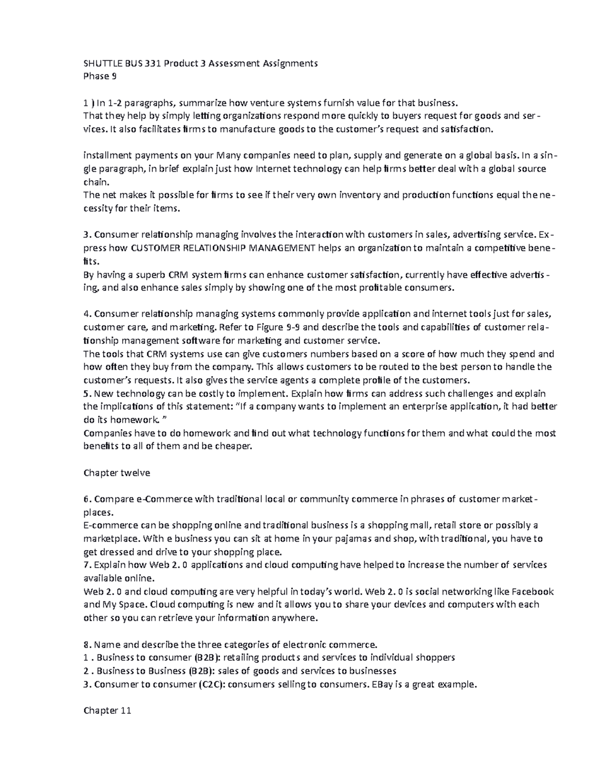 BUS 331 Unit 3 Review Assignments 1 - SHUTTLE BUS 331 Product 3 ...