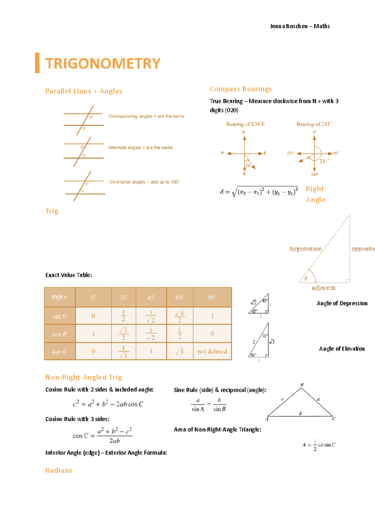Trig Rules Notes Trigonometry Parallel Lines Angles Right Angle