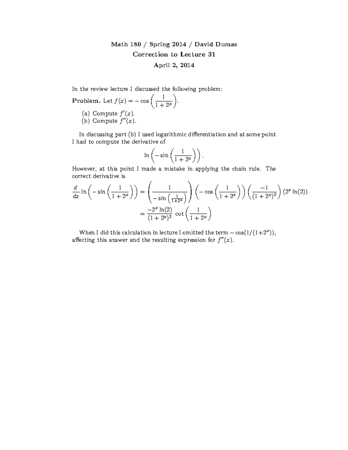 Math 180 Spring 2014 Correction to Lecture 31 - Math 180 Spring 2014 ...