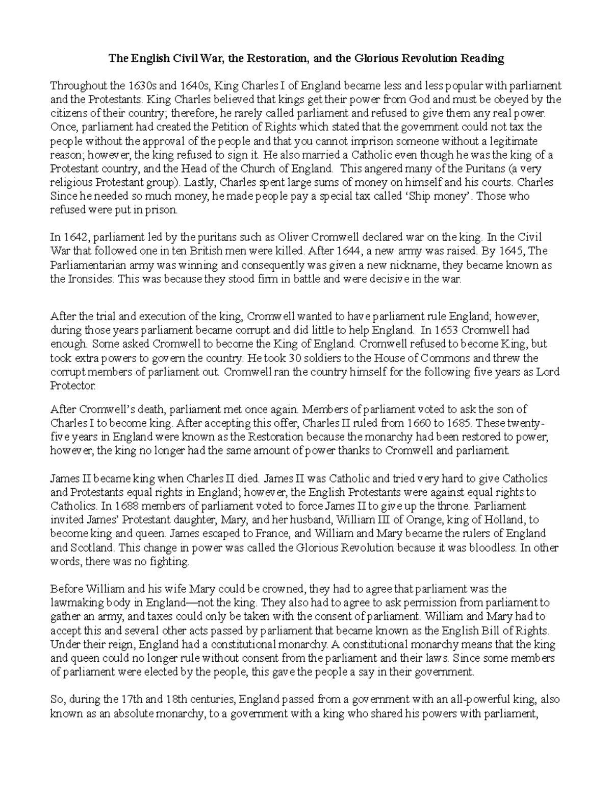 CW and GR reading and questions - The English Civil War, the ...