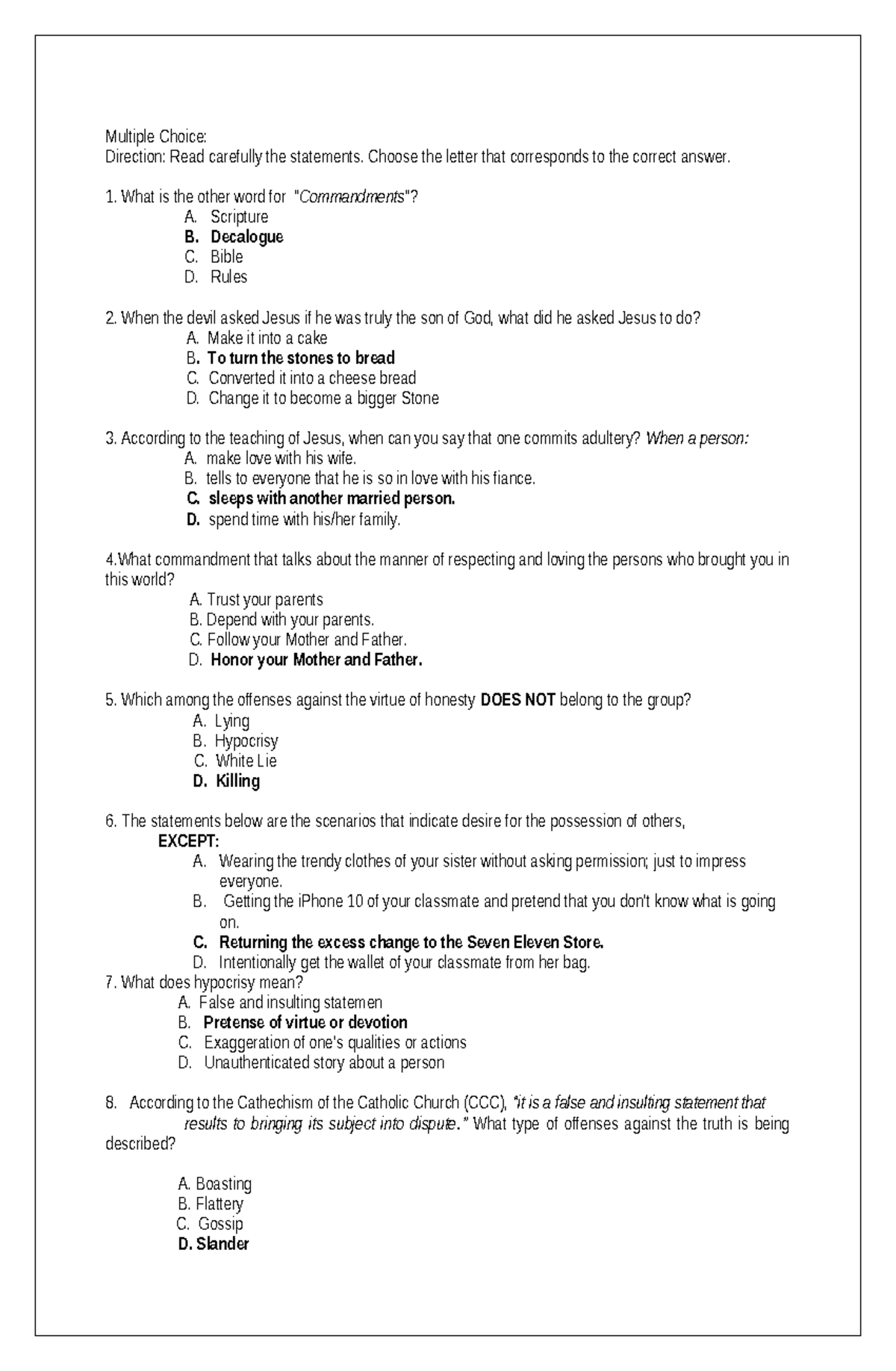 TEST Questionnaire - Multiple Choice: Direction: Read carefully the ...