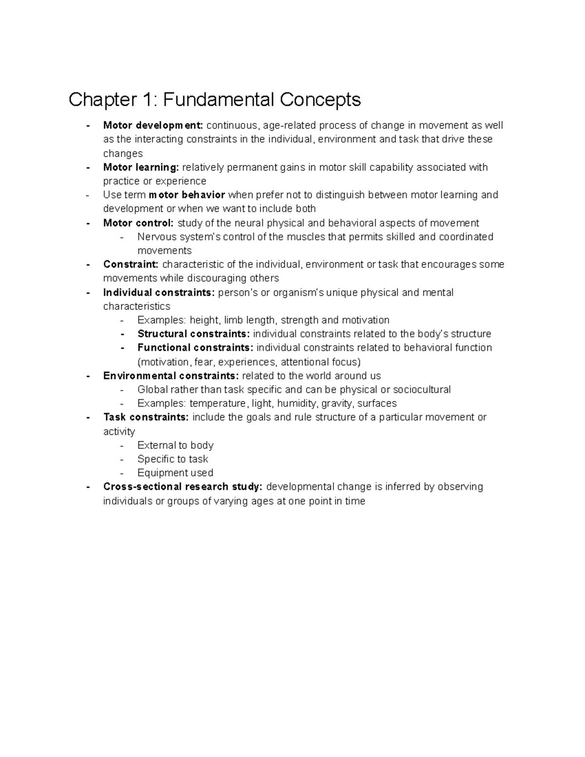 Motor learning textbook readings - Chapter 1: Fundamental Concepts Motor development: continuous ...