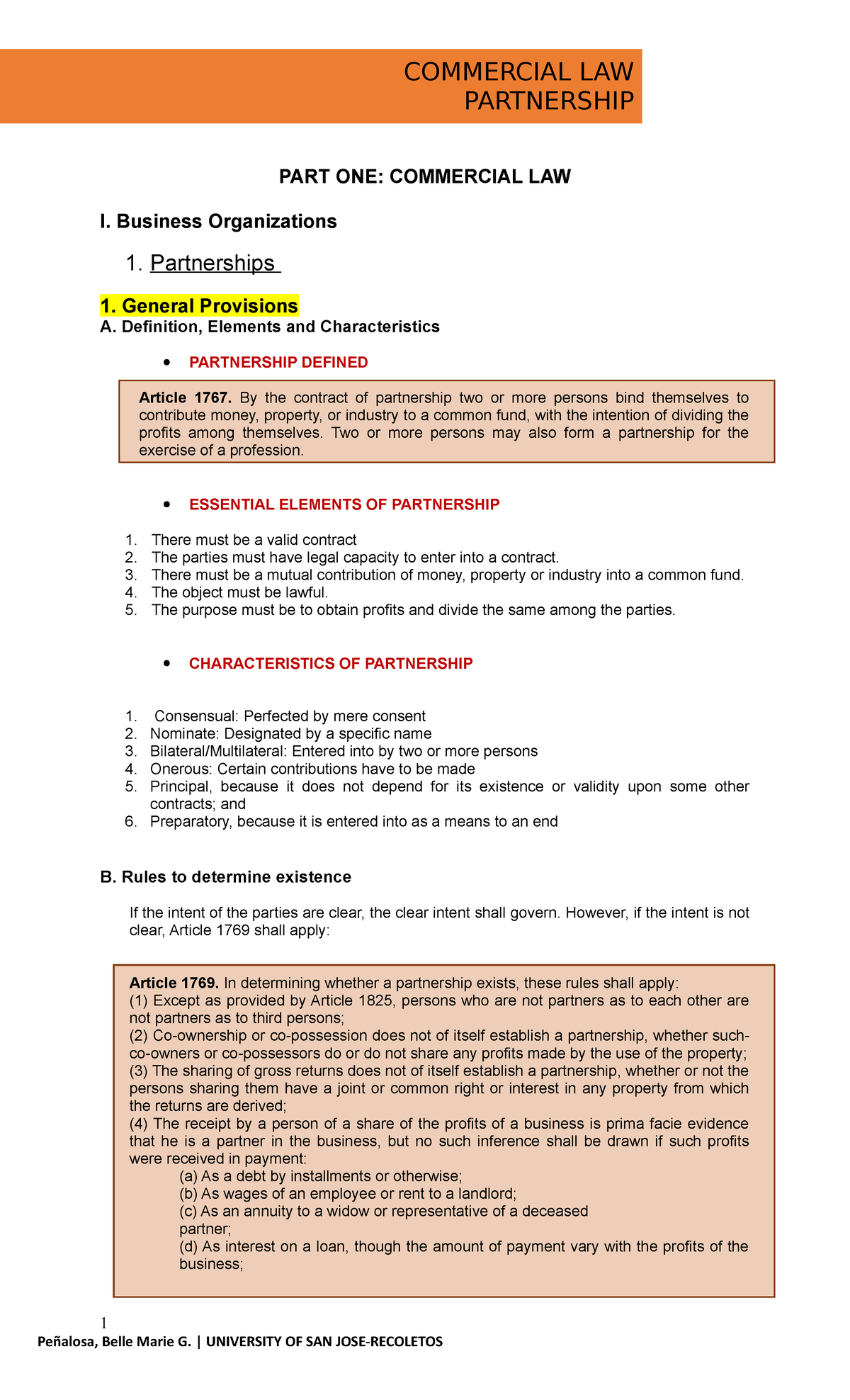 Partnership - Personal Notes - PARTNERSHIP PART ONE: COMMERCIAL LAW I ...
