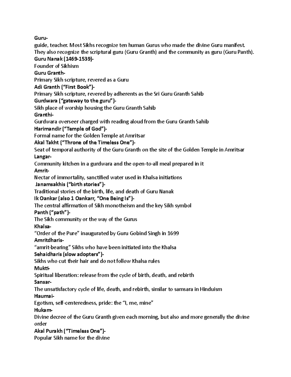 chapter 5 Key terms Religion - Guru- guide, teacher. Most Sikhs ...