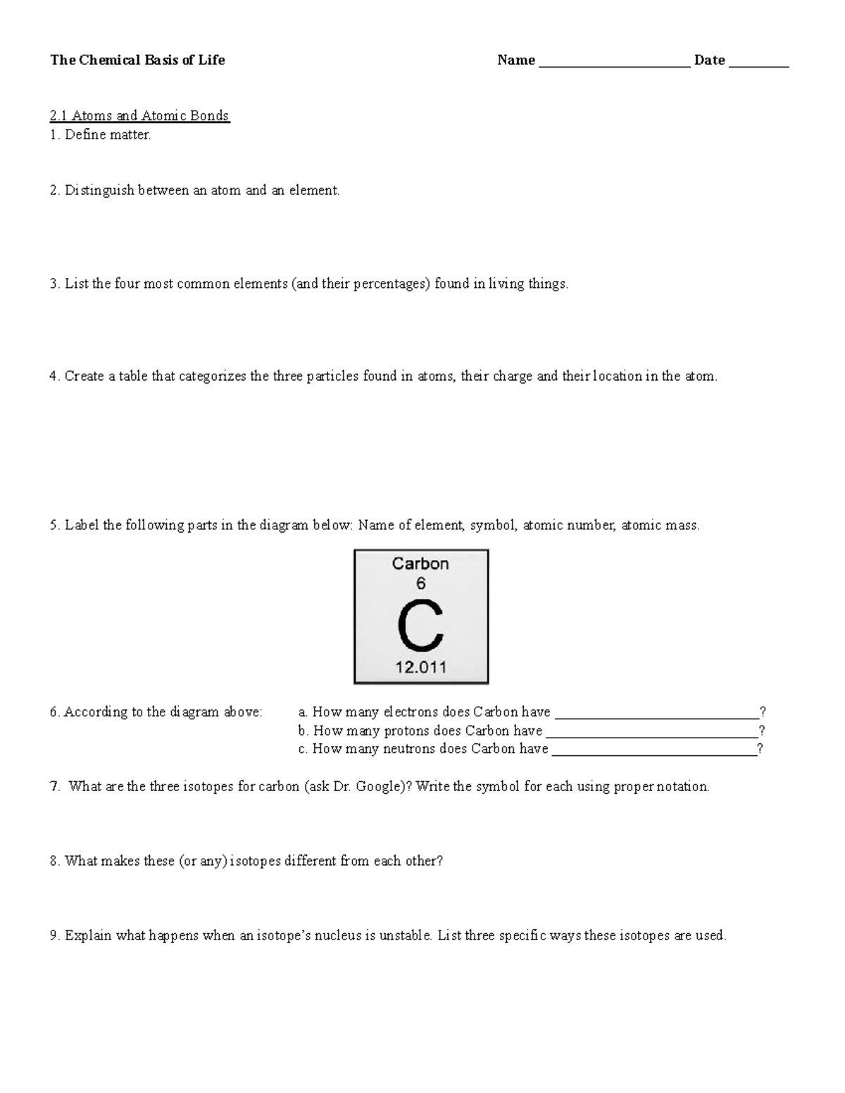 Chemical Basis of Life - Practice Homework - The Chemical Basis of Life ...