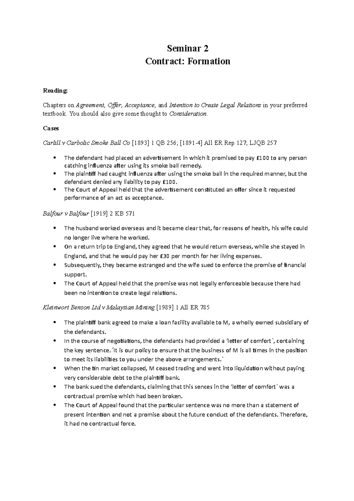LAW136 Seminar 2 2018-9 - Seminar 2 Contract: Formation Reading ...
