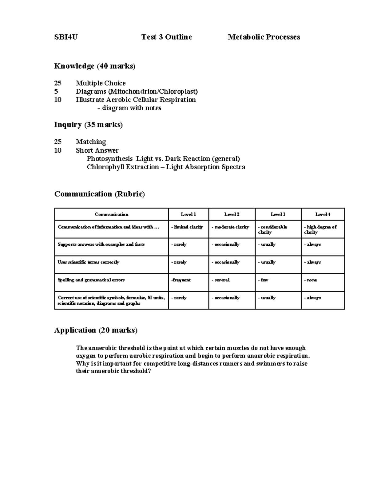 Test 3 Outline - test 3 - SBI4U Test 3 Outline Metabolic Processes ...