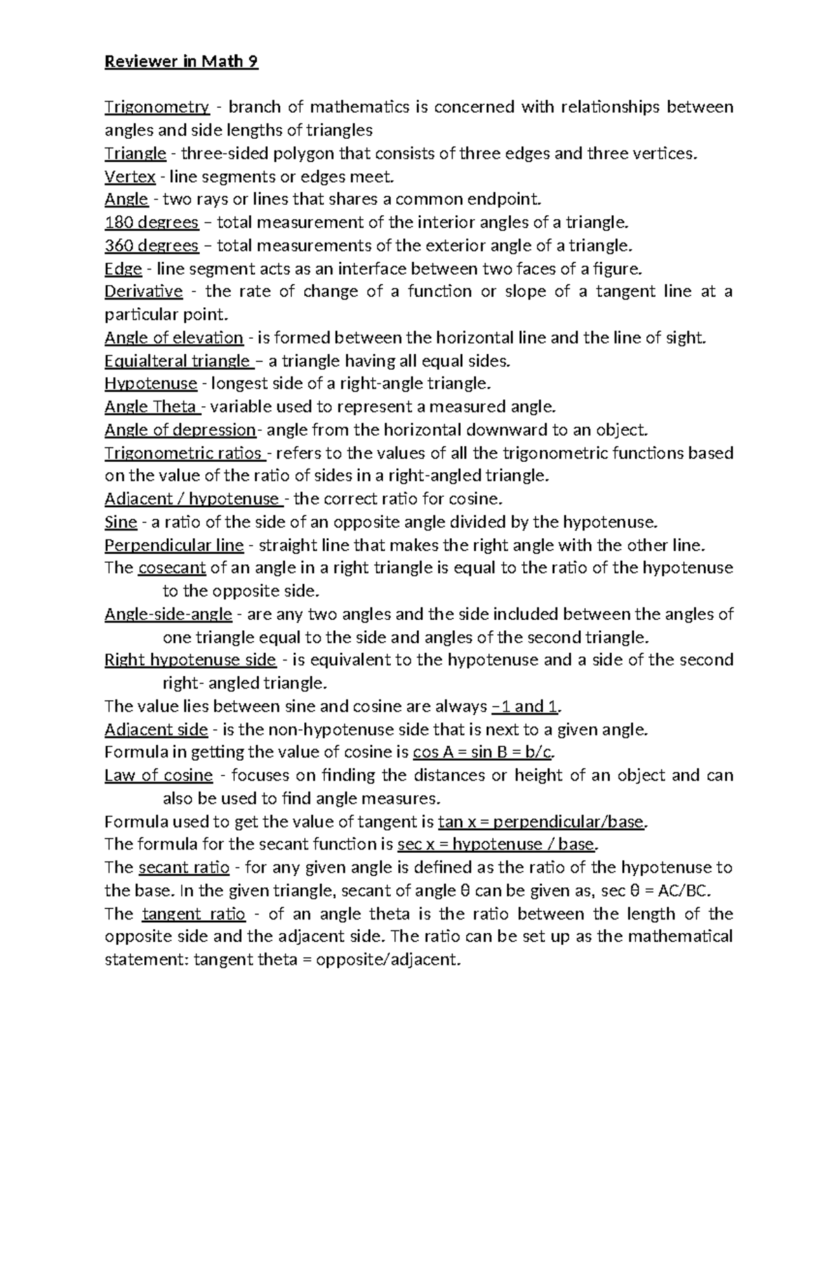 Reviewer in Math 9 8th exam - Reviewer in Math 9 Trigonometry - branch ...