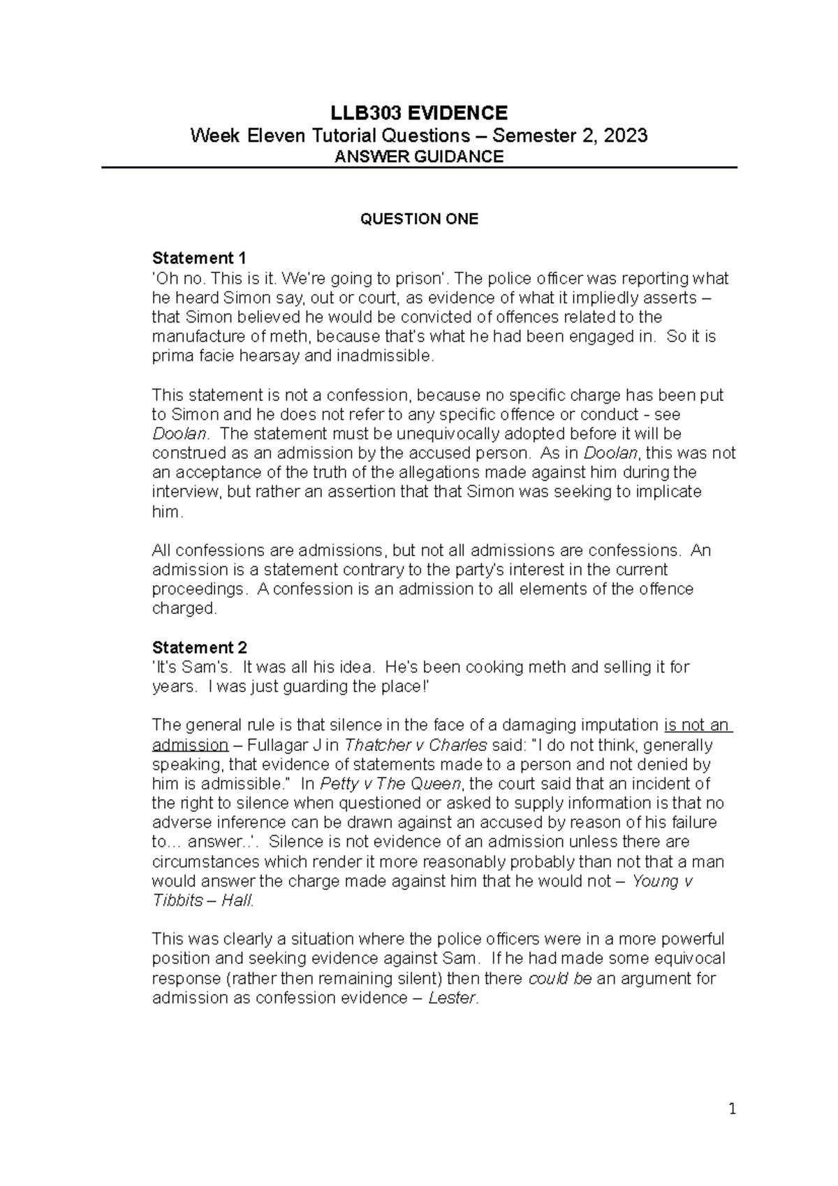 Week 11 Answer Guide 2023 - LLB303 EVIDENCE Week Eleven Tutorial Questions – Semester 2, 2023 ...