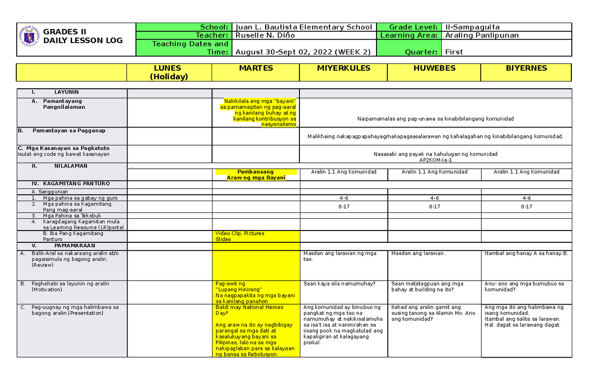DLL Week-2 AP - Lesson Plan - GRADES II DAILY LESSON LOG School: Juan L ...