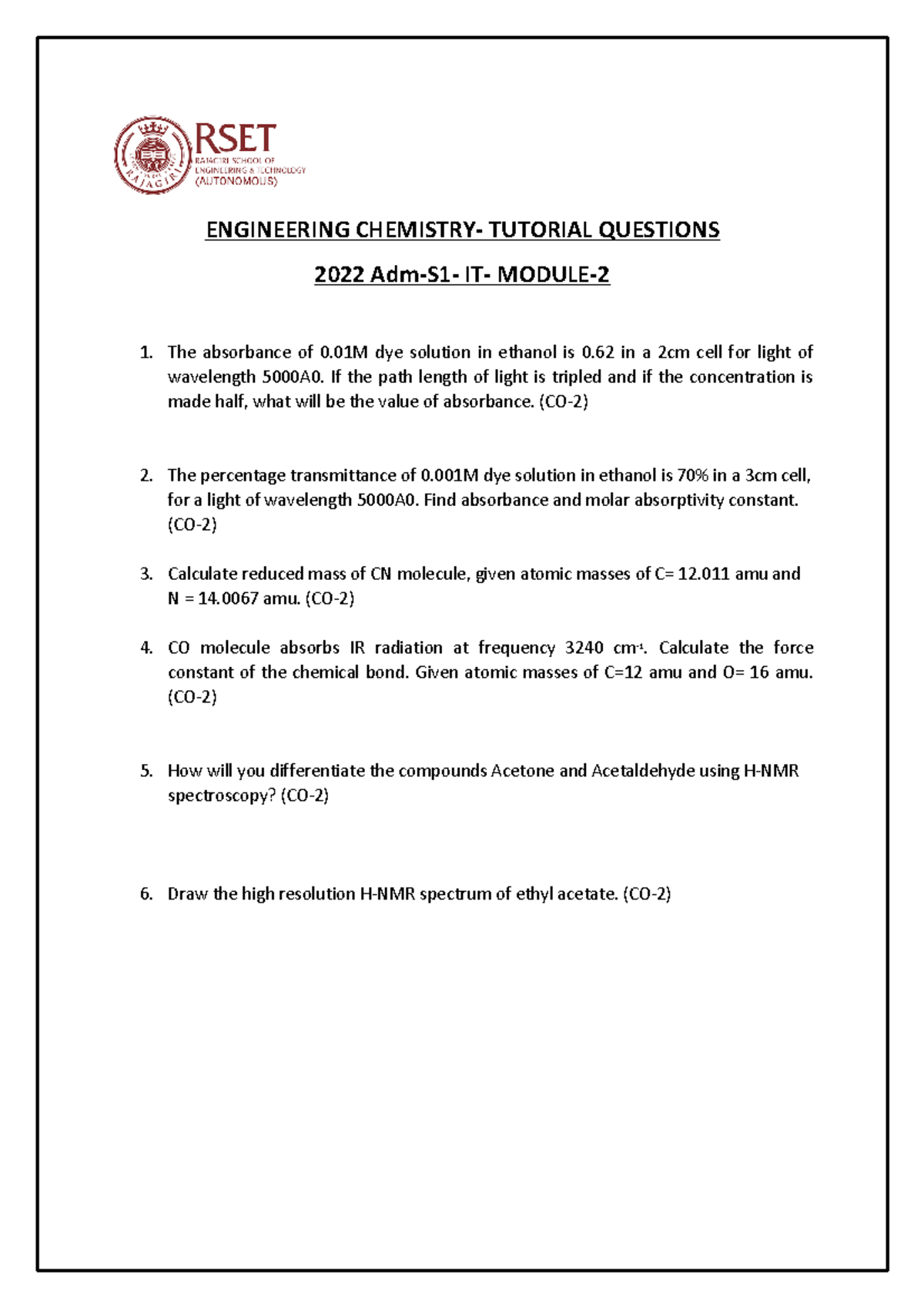 Module-2 Tutorial-questions - ENGINEERING CHEMISTRY- TUTORIAL QUESTIONS 2022 Adm-S1- IT- MODULE ...
