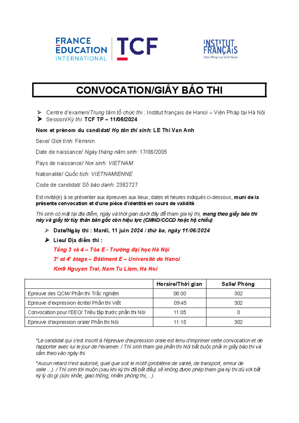 Convocation TCF TP 11062024 - CONVOCATION/GIẤY BÁO THI Centre d’examen ...