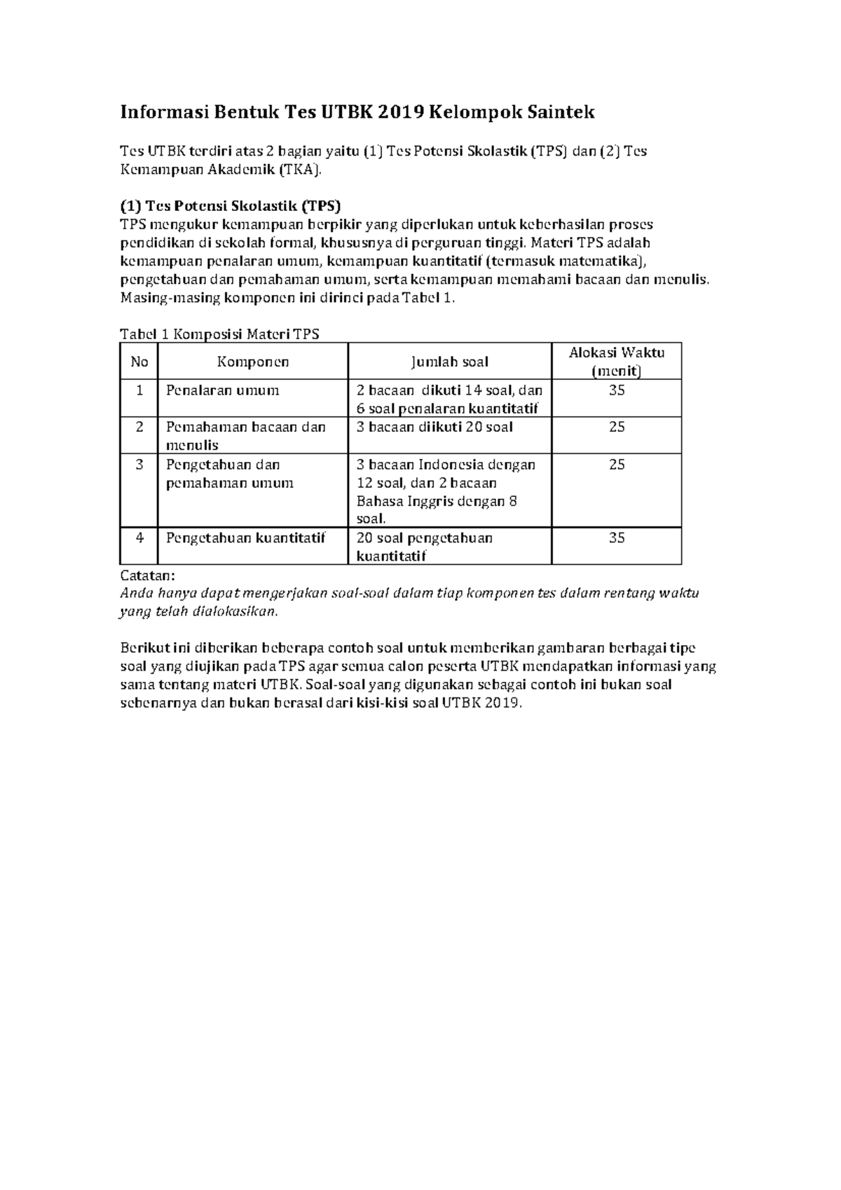 Contoh Tes UTBK TPS TKA Saintek 2019 2020 - Physics Education - UNS ...