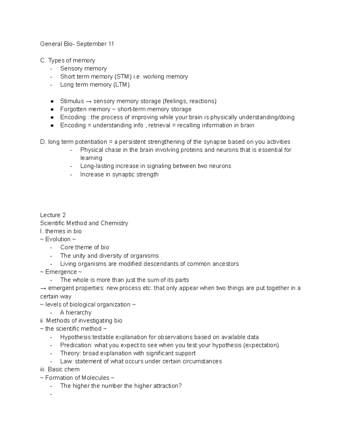 general biology - memory - General Bio- September 11 C. Types of memory ...