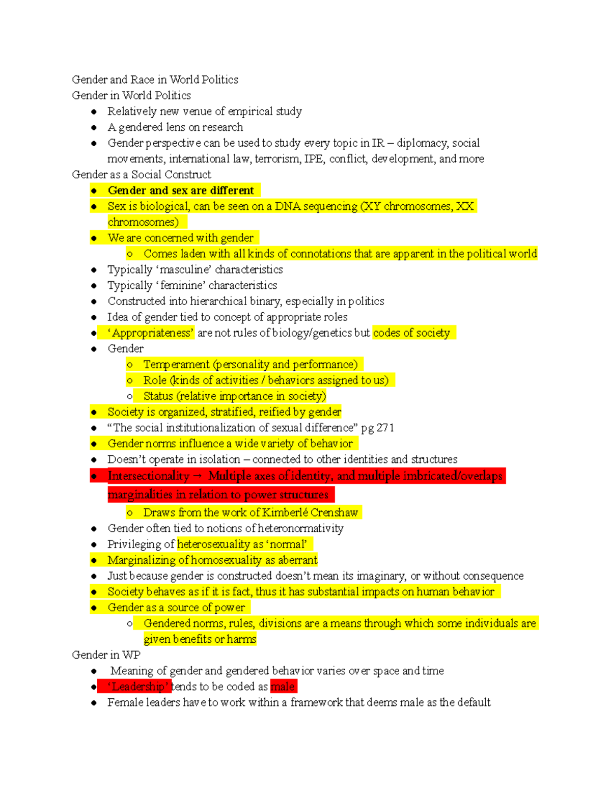 Chapter 12 - lecture notes - Gender and Race in World Politics Gender ...