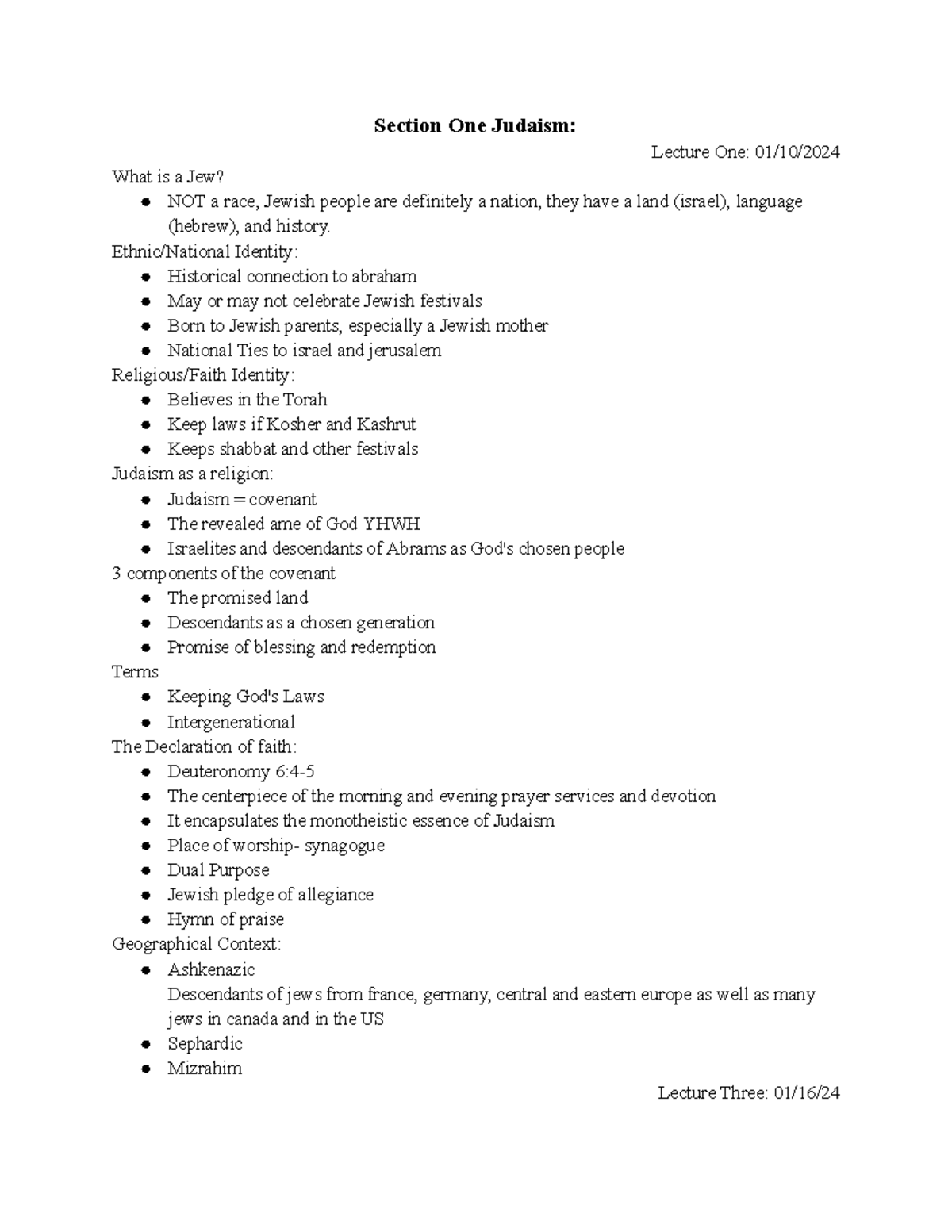 Religon 1001 Judaism notes - Section One Judaism: Lecture One: 01/10 ...