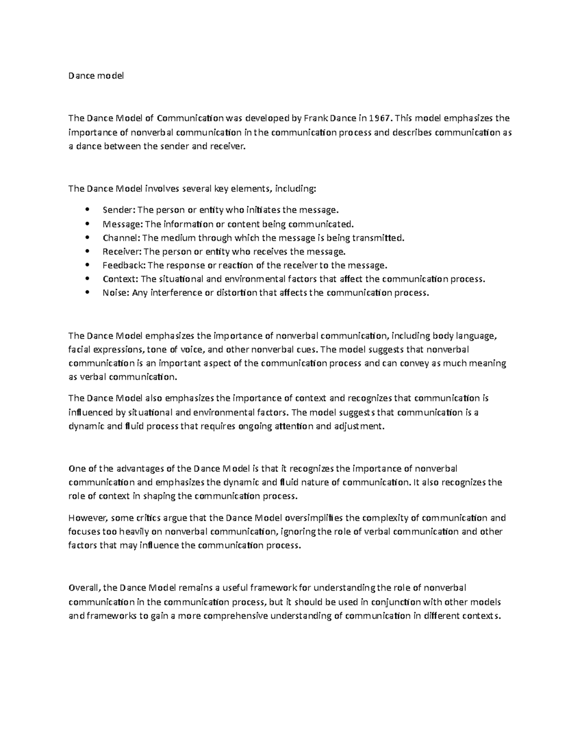 Dance Model - This model emphasizes the importance of nonverbal ...