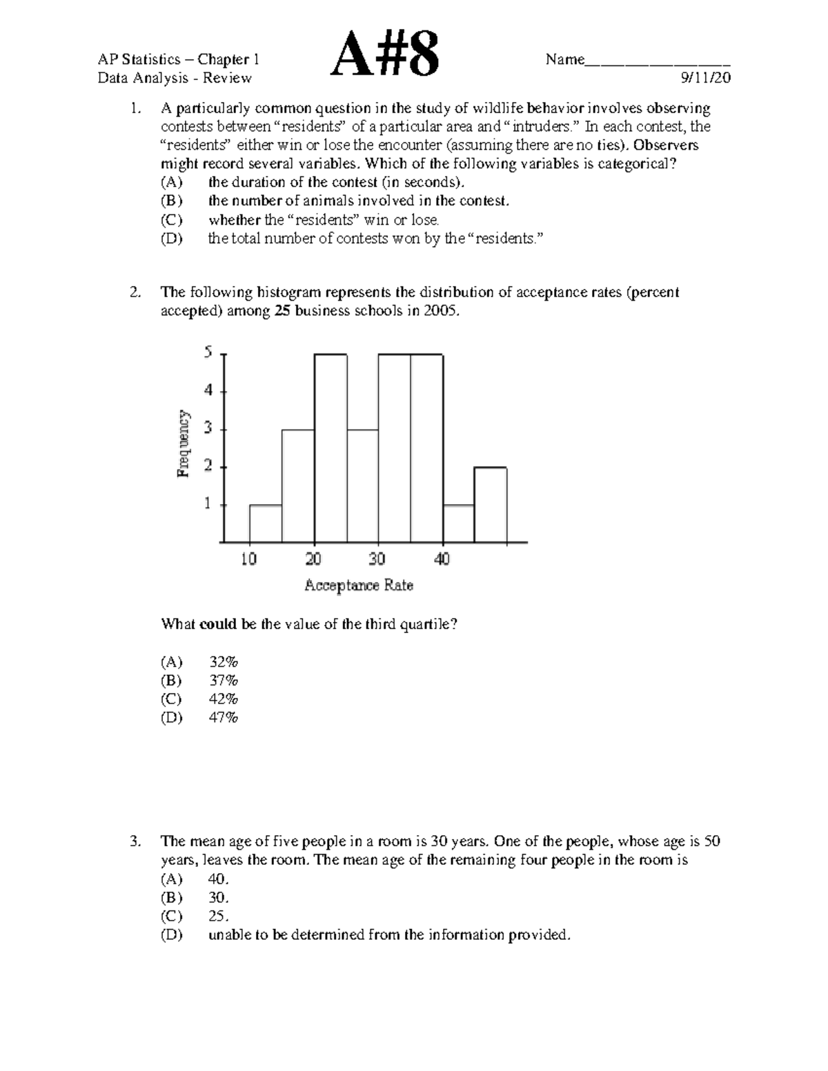 Chapter 1 Day 10 Review (MC and Short Answer) 091120 - Data Analysis ...