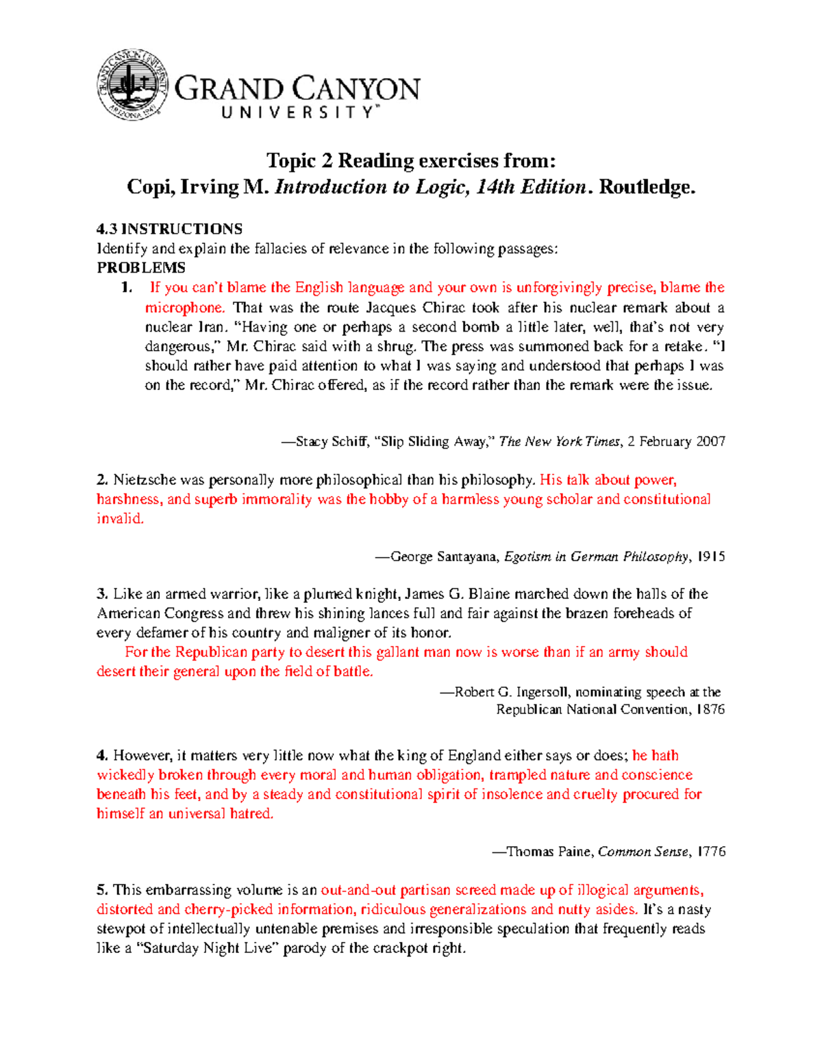 COM-362 T2 reading exercises - Topic 2 Reading exercises from: Copi, Irving M. Introduction to ...