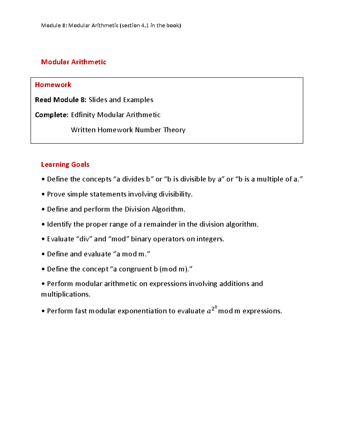 14 Modular Arithmetic Notes Modular Arithmetic Learning Goals Define