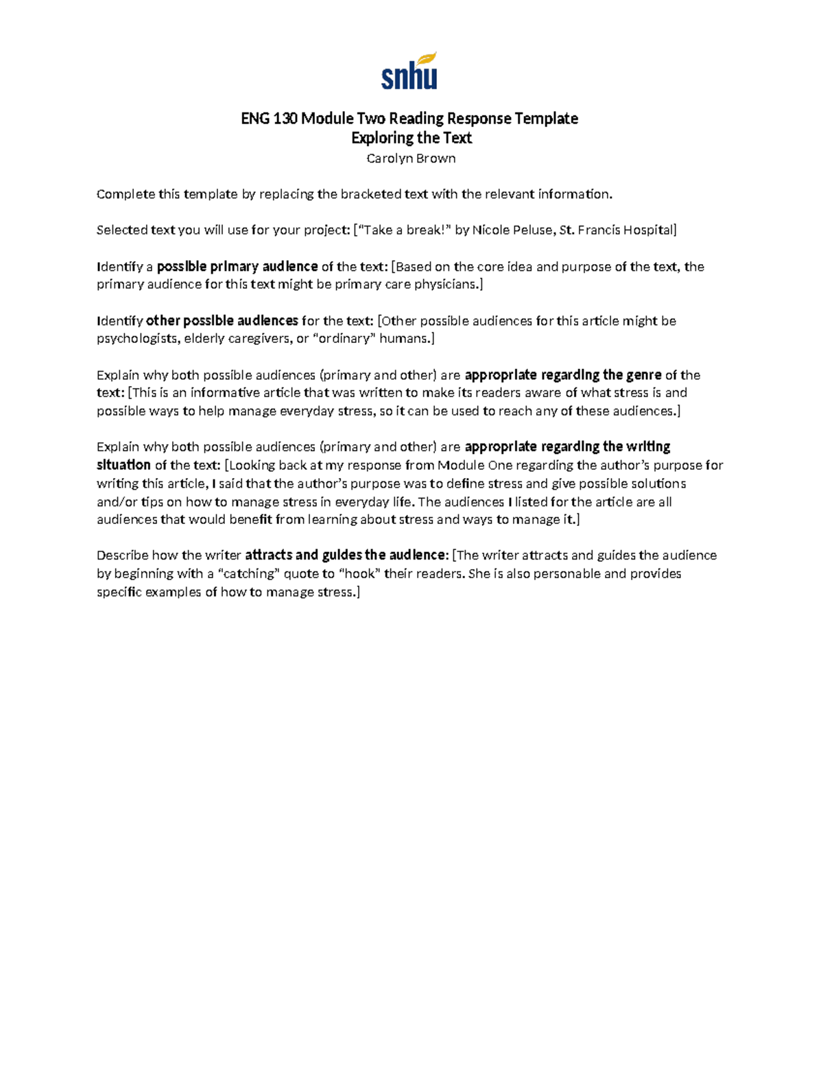 ENG 130 Module Two Reading Response - Selected text you will use for ...