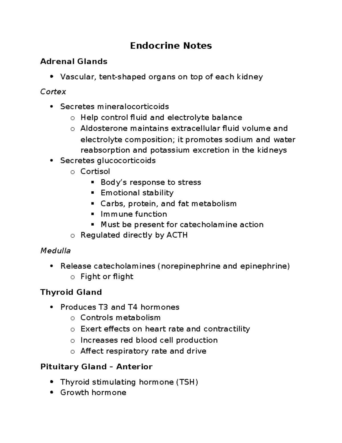 Endocrine System Notes - Exam 2 - Endocrine Notes Adrenal Glands ...