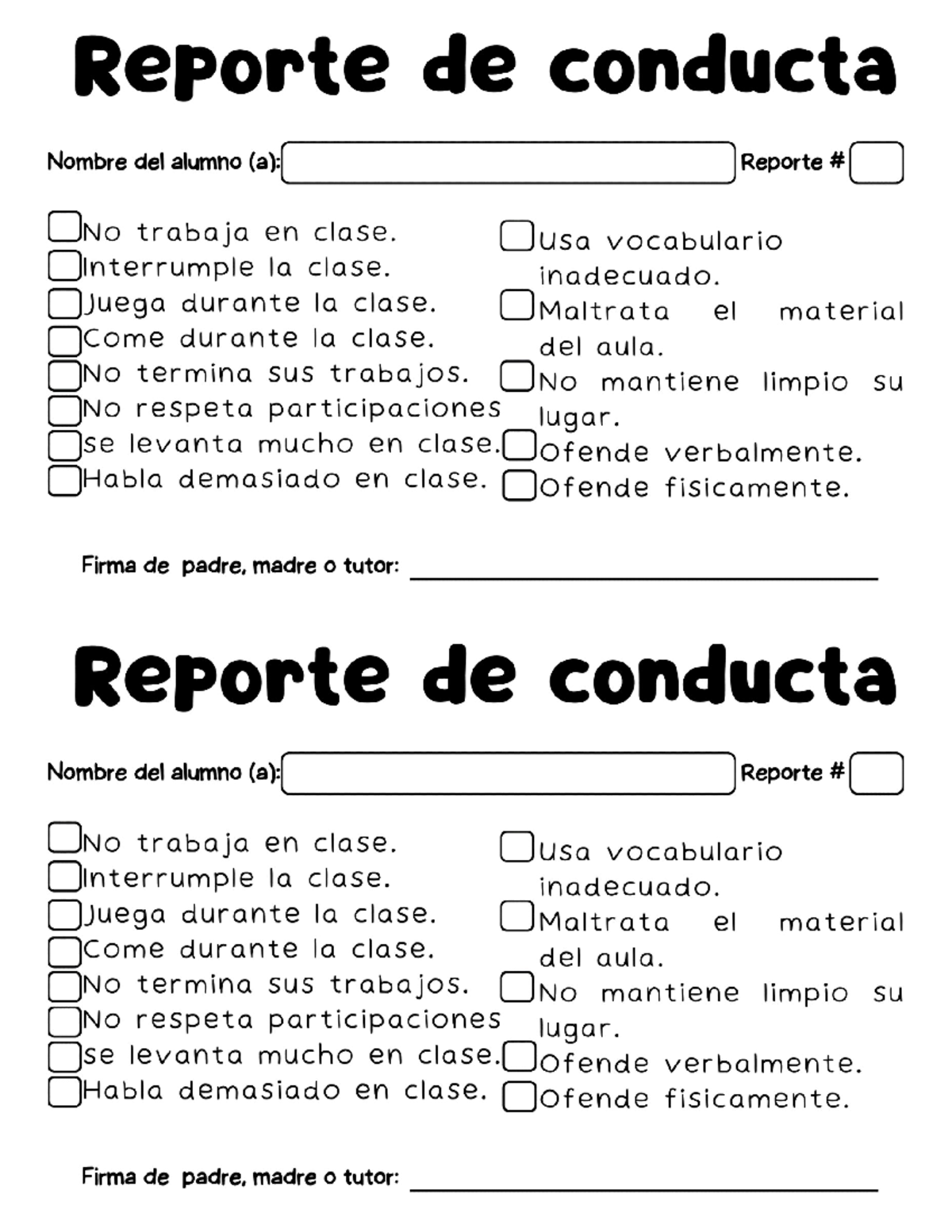 Formato control de conducta - Reporte de conducta Nombre del alumno (a ...