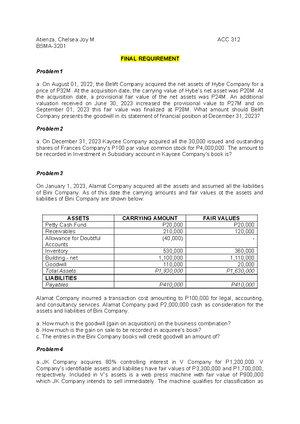ACC 312 Activity 1 PART 1 - Part 1: Business Combination (PFRS 3) 1 ...