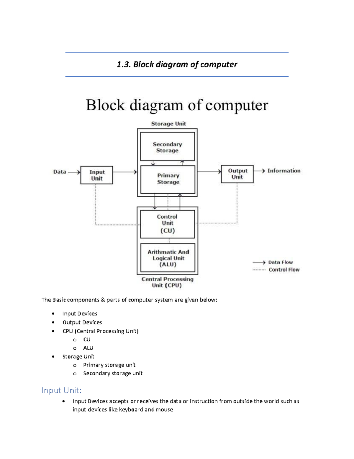 Chapter 1 and 2 summary - 1. Block diagram of computer The Basic ...