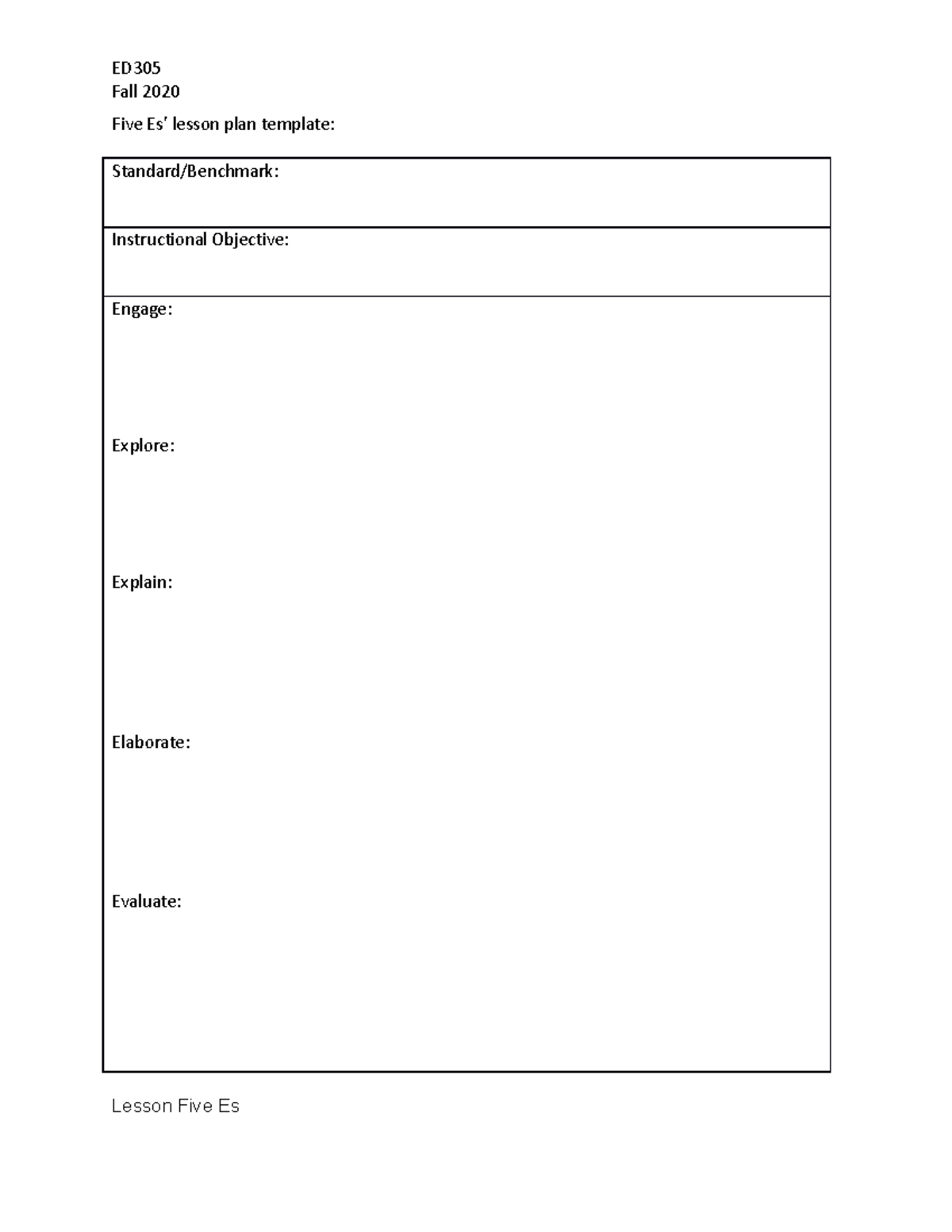 Five Es Lesson Plan Template - ED Fall 2020 Five Es’ lesson plan ...
