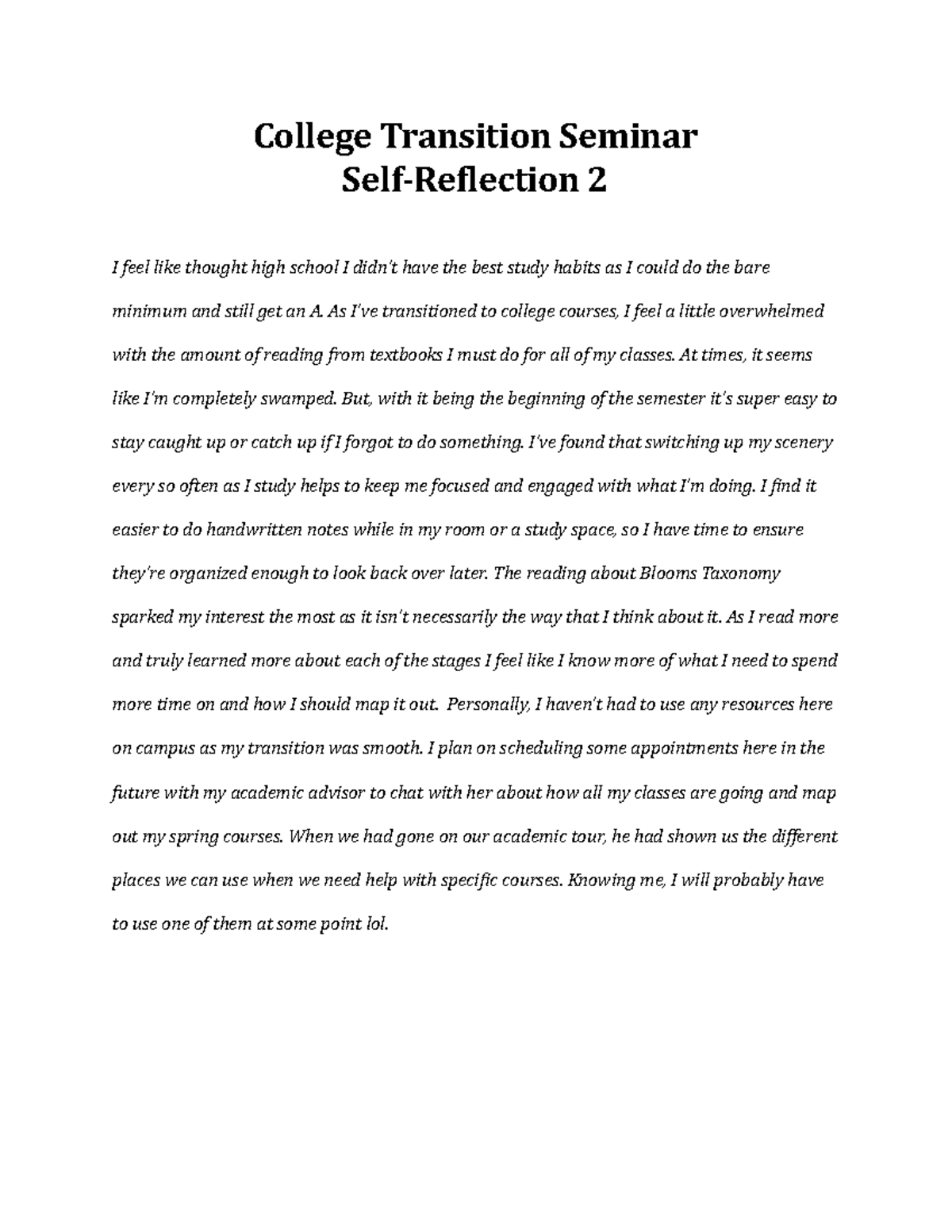 Self-Reflection 2 Reading and Resources - College Transition Seminar ...