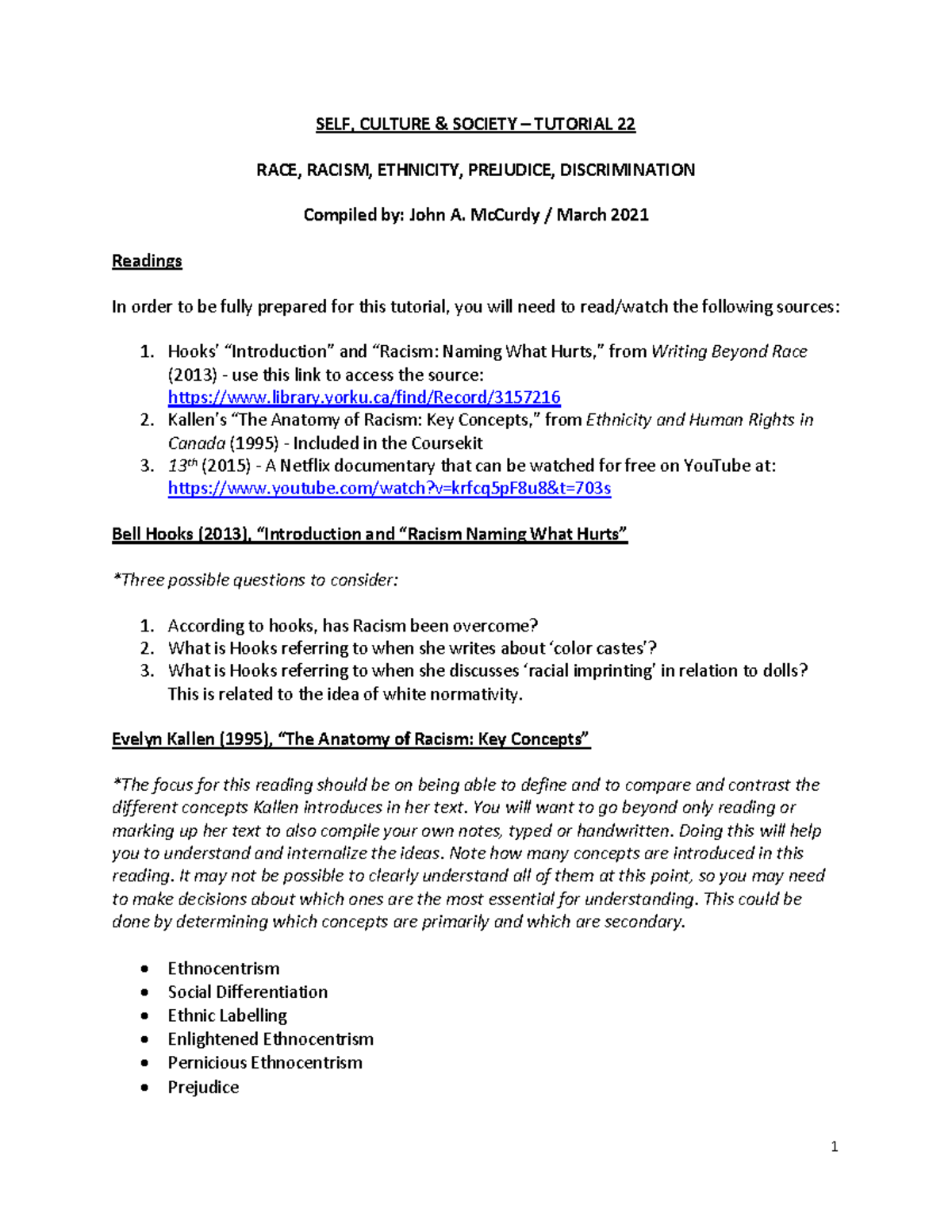 Tutorial 22 Handout Race Racism Prejudice Discrimination - SELF ...