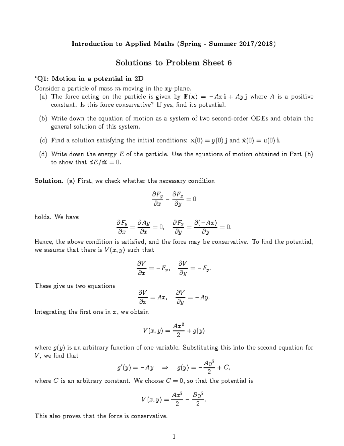 2018 IAM Problem Sheet 6 solutions - Introduction to Applied Maths ...