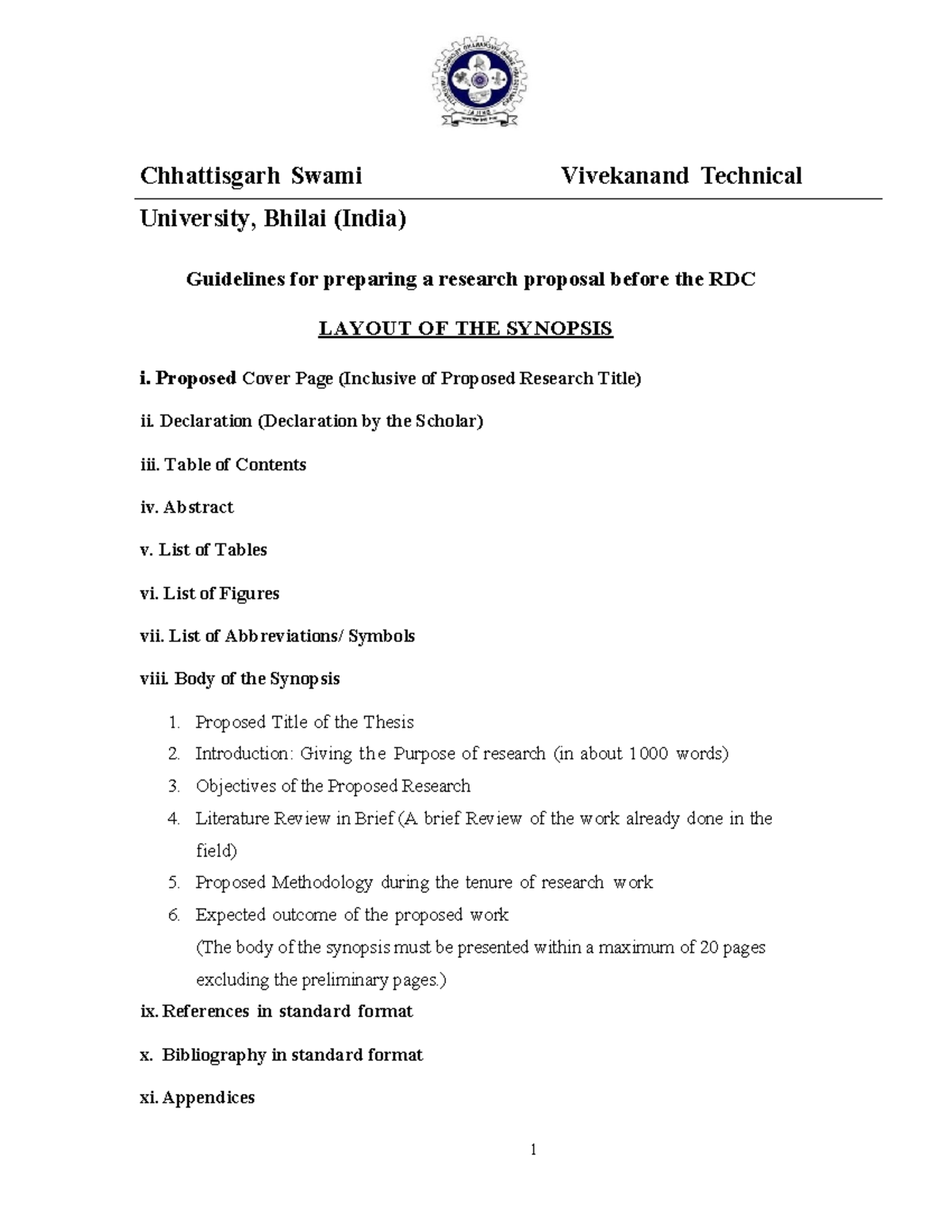 Guidelines for preparing a research proposal before the RDC - Chhattisgarh Swami Vivekanand ...