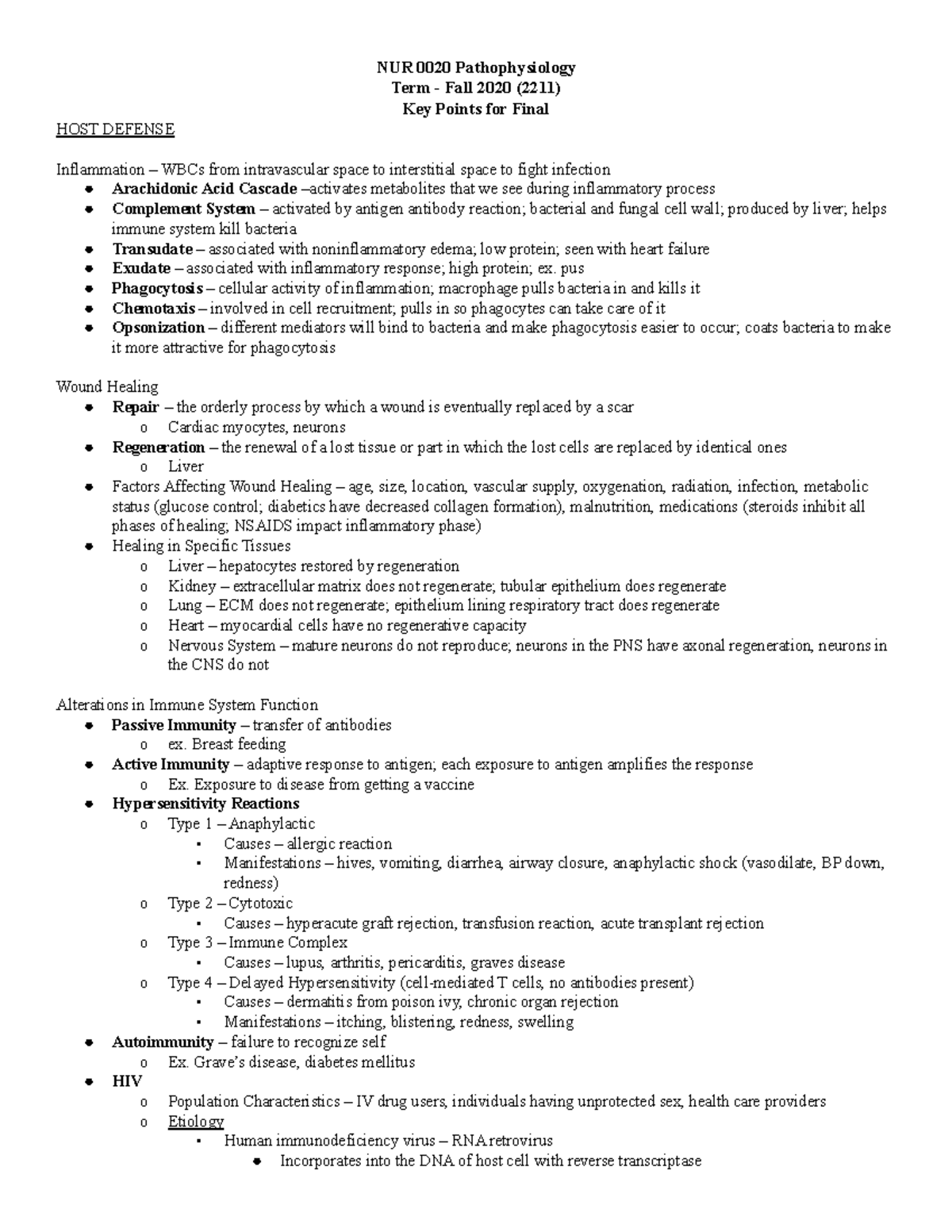 Pathophys Final Study Guide - NUR 0020 Pathophysiology Term - Fall 2020 ...