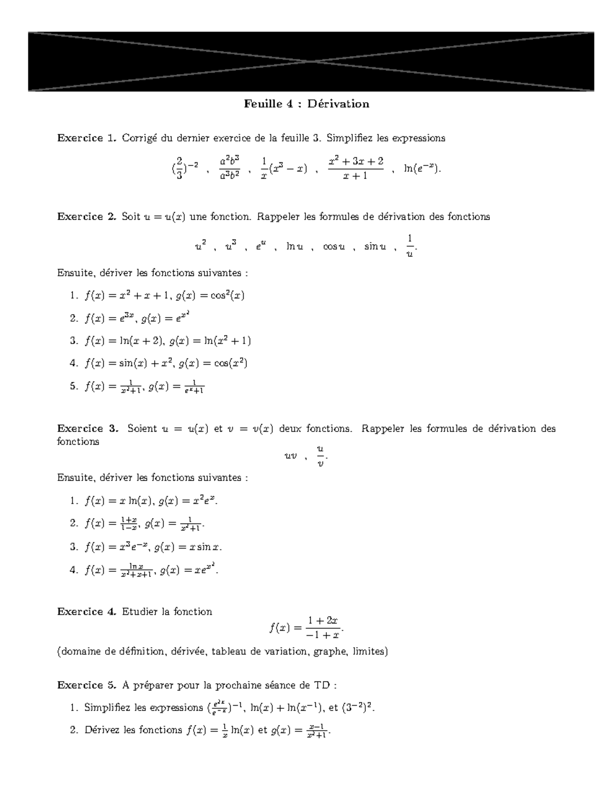 04-Ex Derivation - Exercices - Feuille 4 : D ́erivation Exercice 1 ...