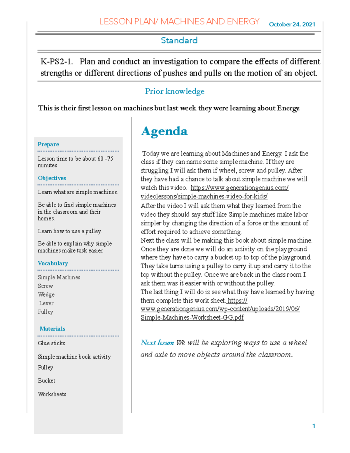 Lesson plan: Machines and Energy - October 24, 2021 Agenda Today we are ...