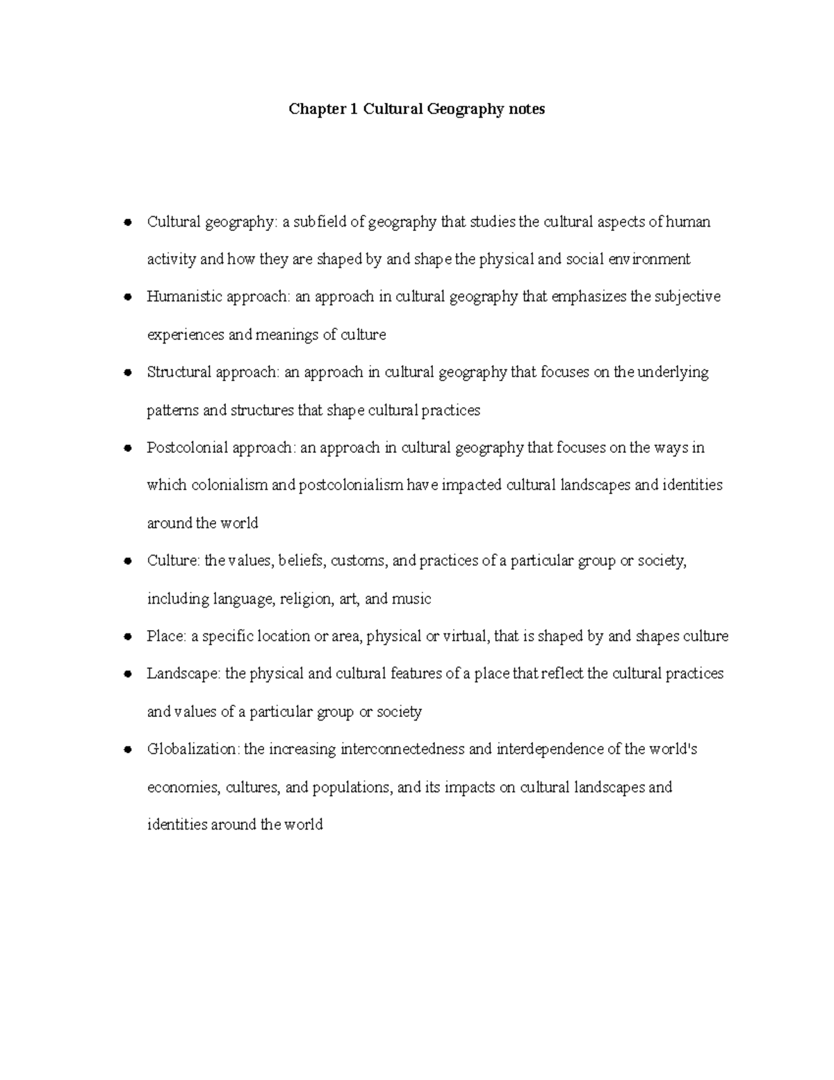 Chapter 1 notes - Chapter 1 Cultural Geography notes Cultural geography ...