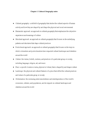 Chapter 1 notes - Chapter 1 Cultural Geography Cultural geography is a ...