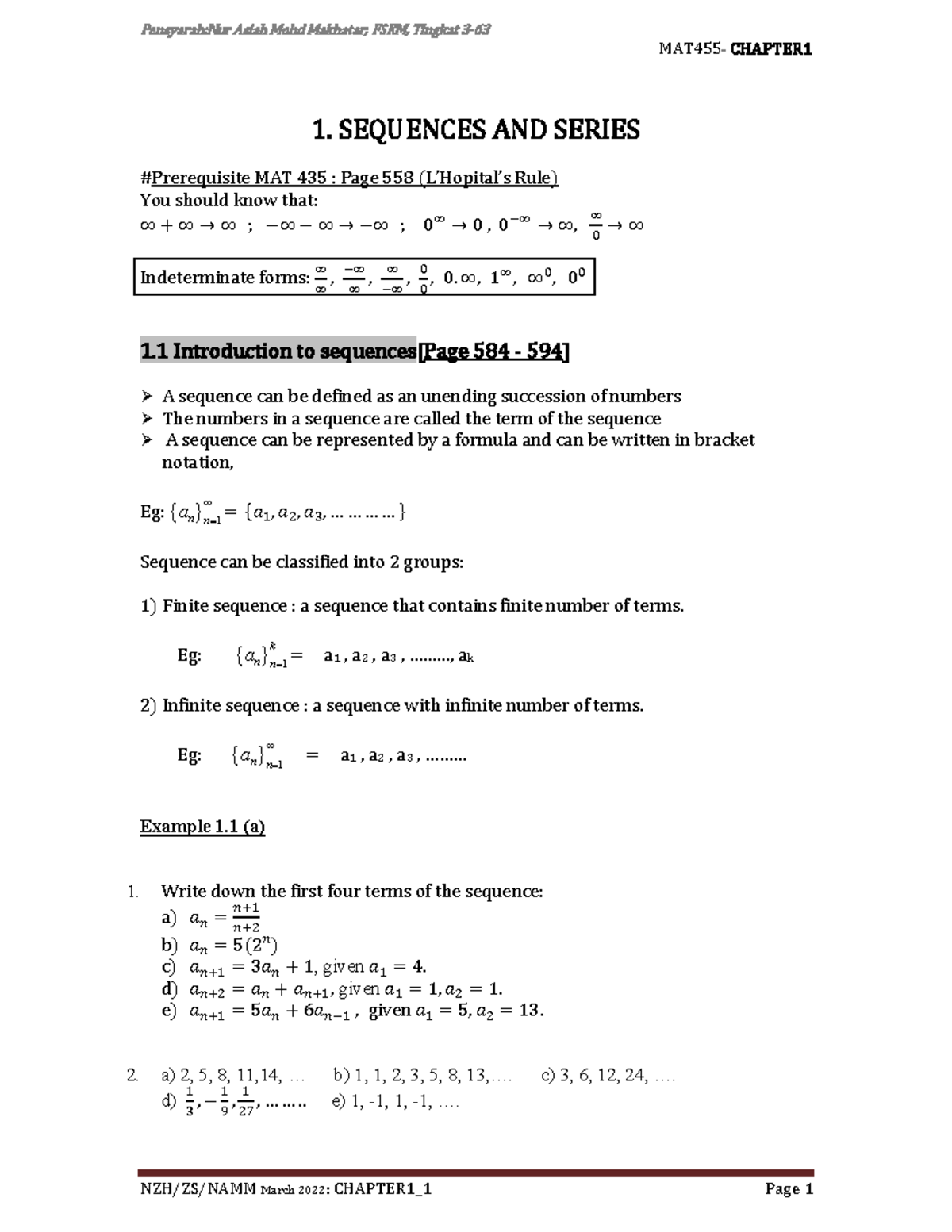 Chapter 1 1 - Madam Asiah - MAT455- CHAPTER 1 1. SEQUENCES AND SERIES #Prerequisite MAT 435 ...