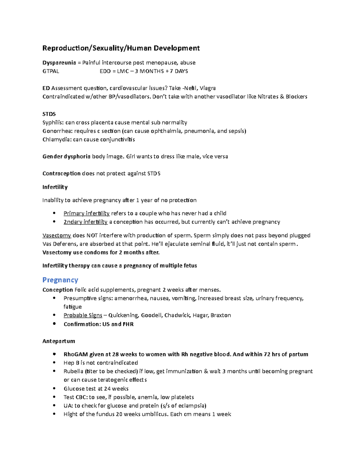 Exam 1 review for 5 - OB, RNSG 1538, HUMAN DEVELOPMENT, REPRODUCTION ...