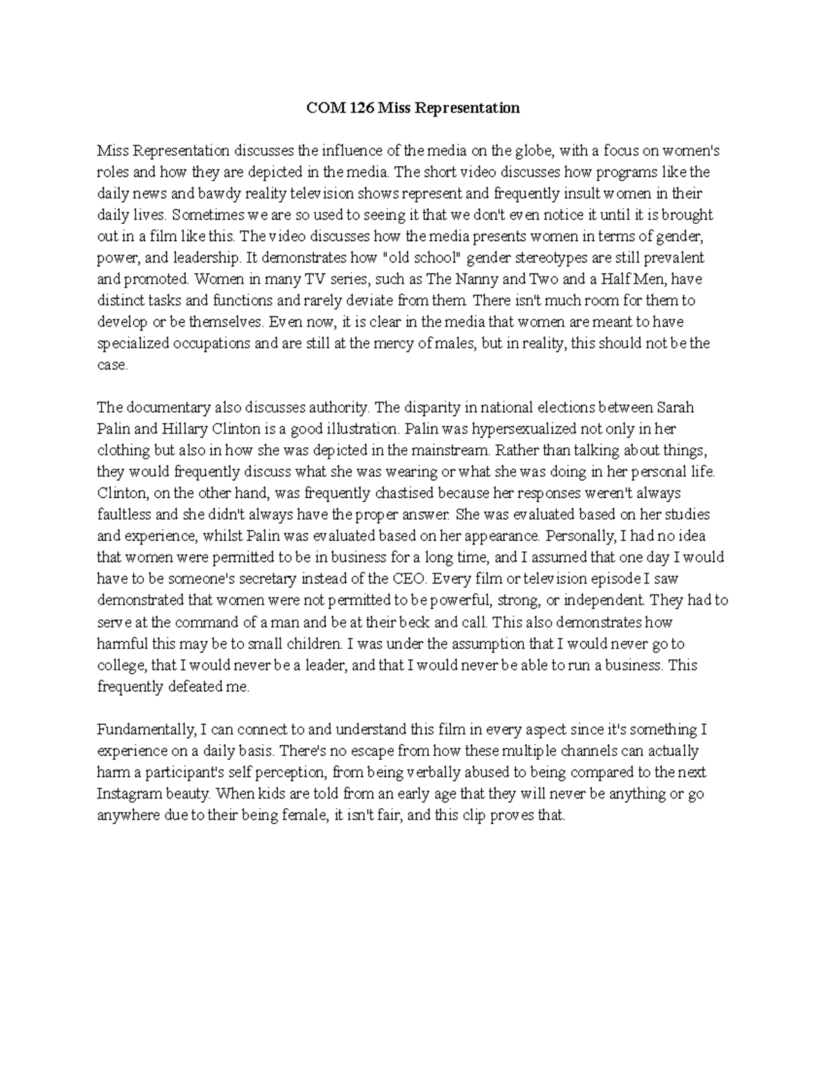 COM 126 Miss Representation - COM 126 Miss Representation Miss ...