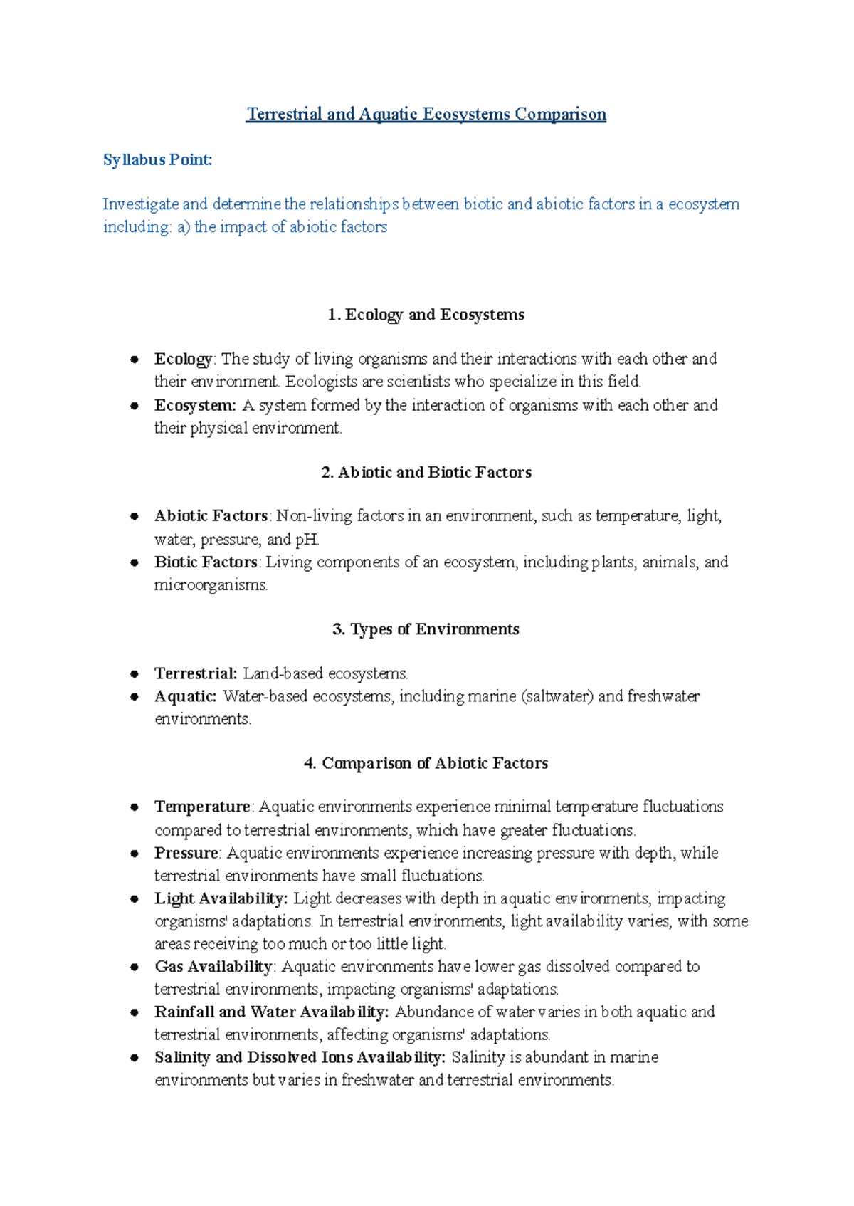 Summary Notes - Biology - Terrestrial and Aquatic Ecosystems Comparison ...