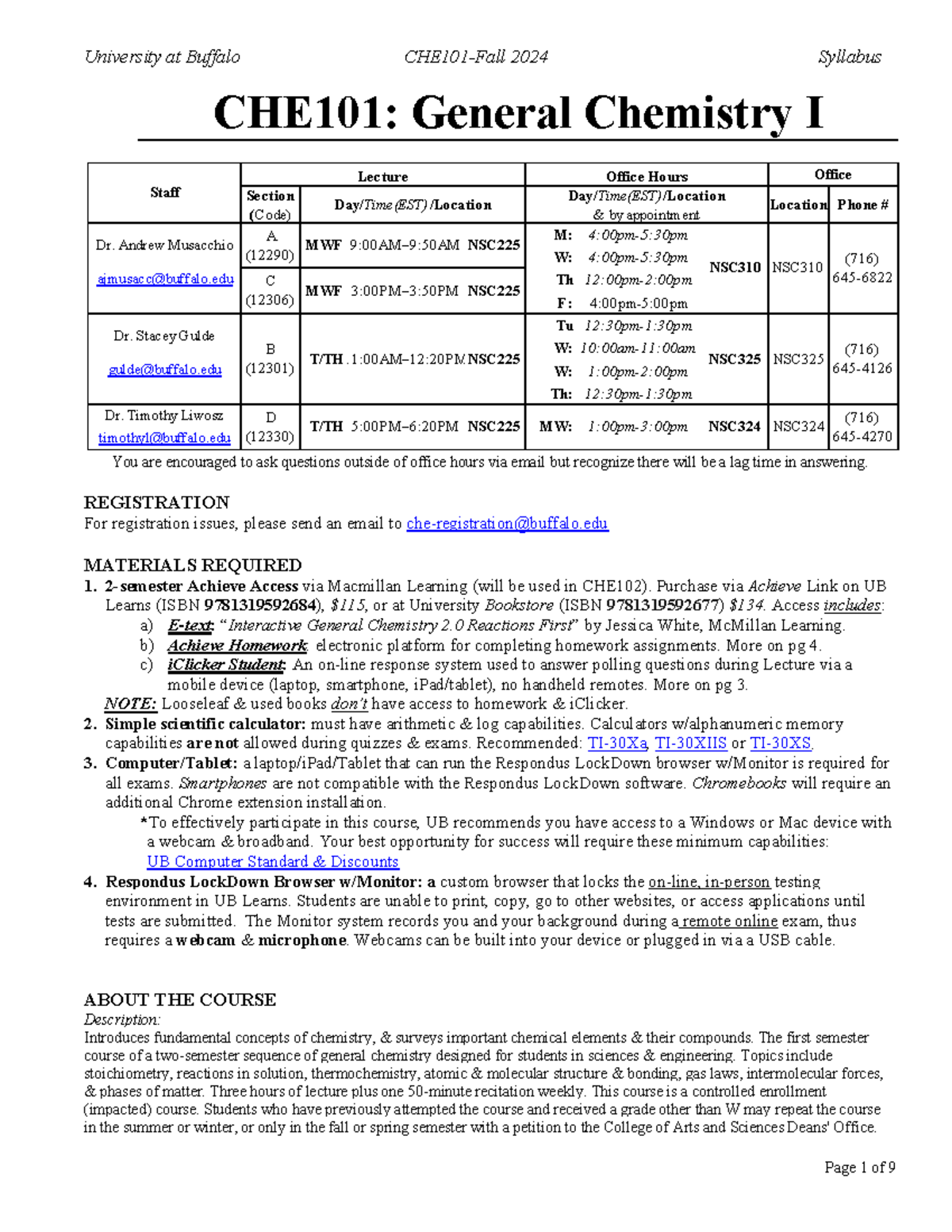 101 Syllabus Fa2024 In Person - CHE101: General Chemistry I You are ...
