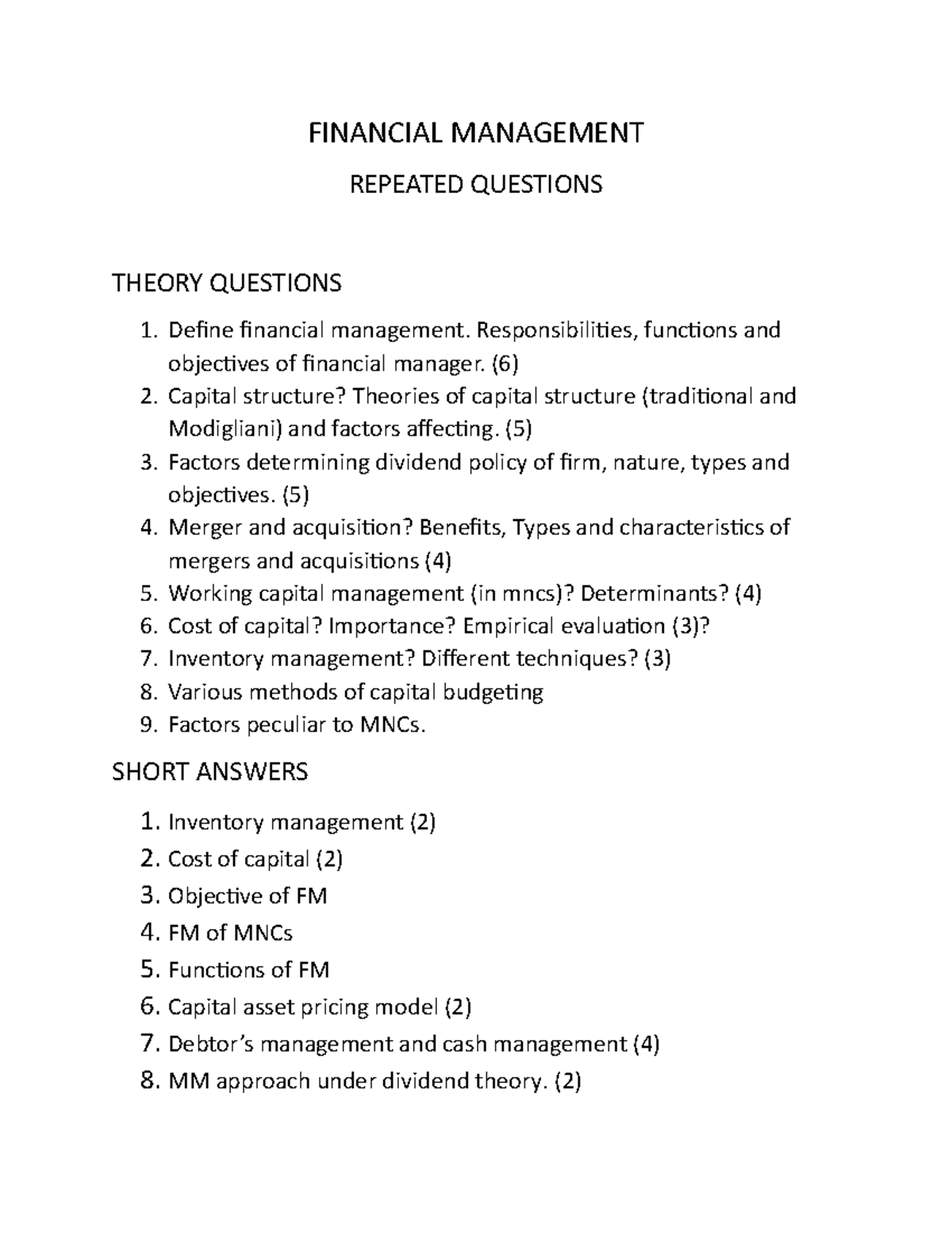 FM - repeated questions (all) - FINANCIAL MANAGEMENT REPEATED QUESTIONS ...